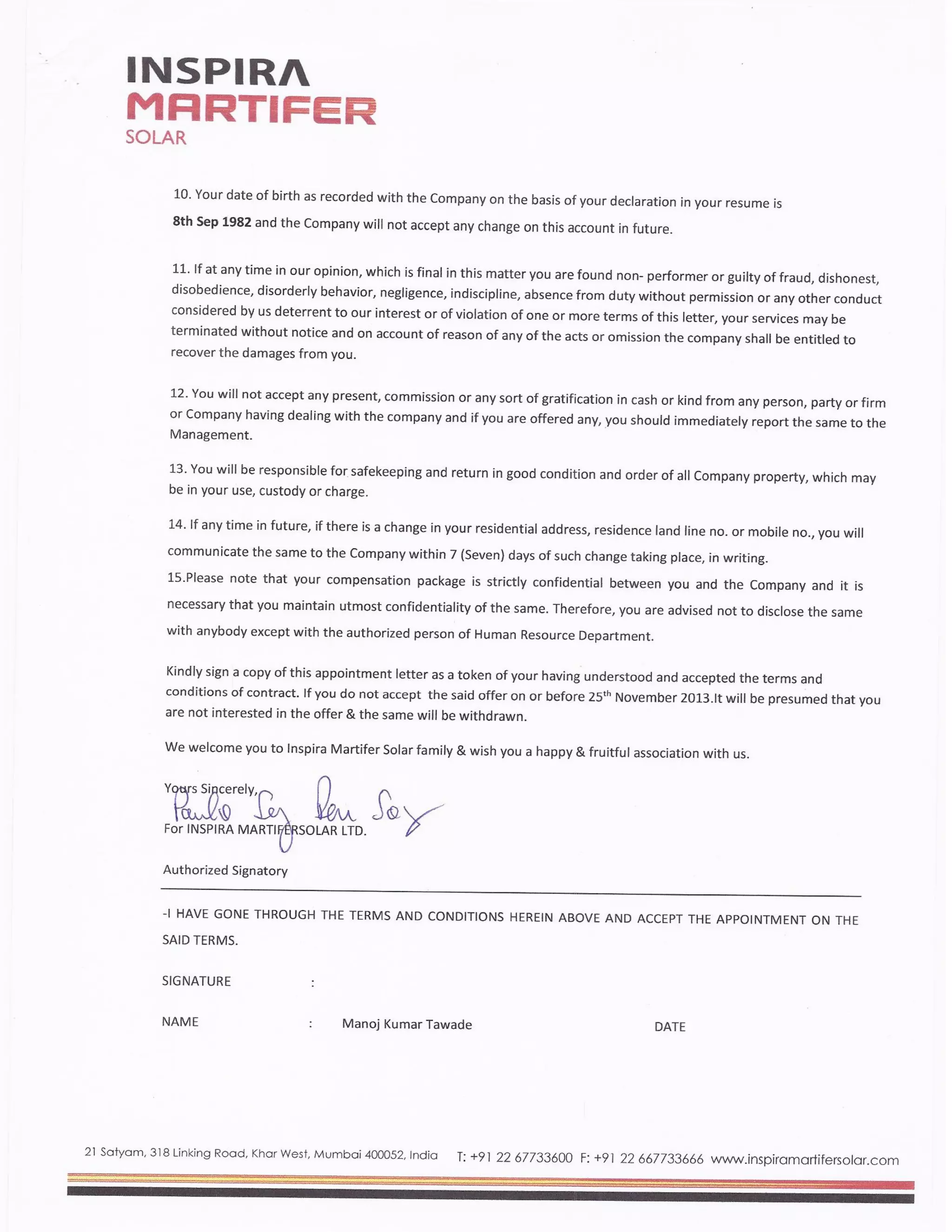 APPOINTMENT LETTER INSPIRA MARTIFER SOLAR | PDF