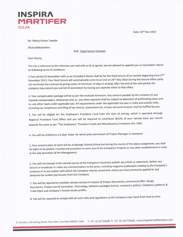 APPOINTMENT LETTER INSPIRA MARTIFER SOLAR | PDF