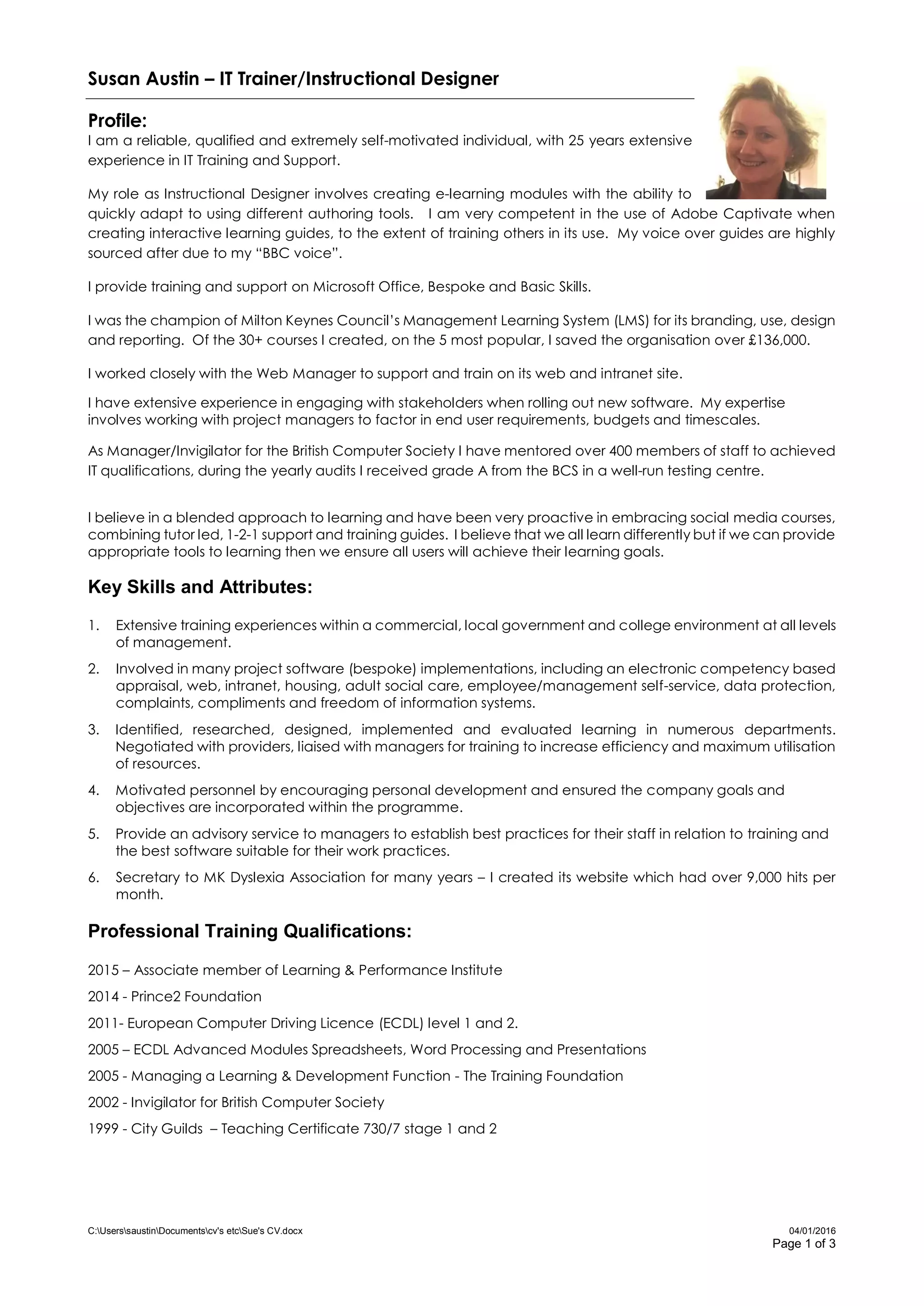 Sue's CV update Jan16 | PDF | Human Resources | Business