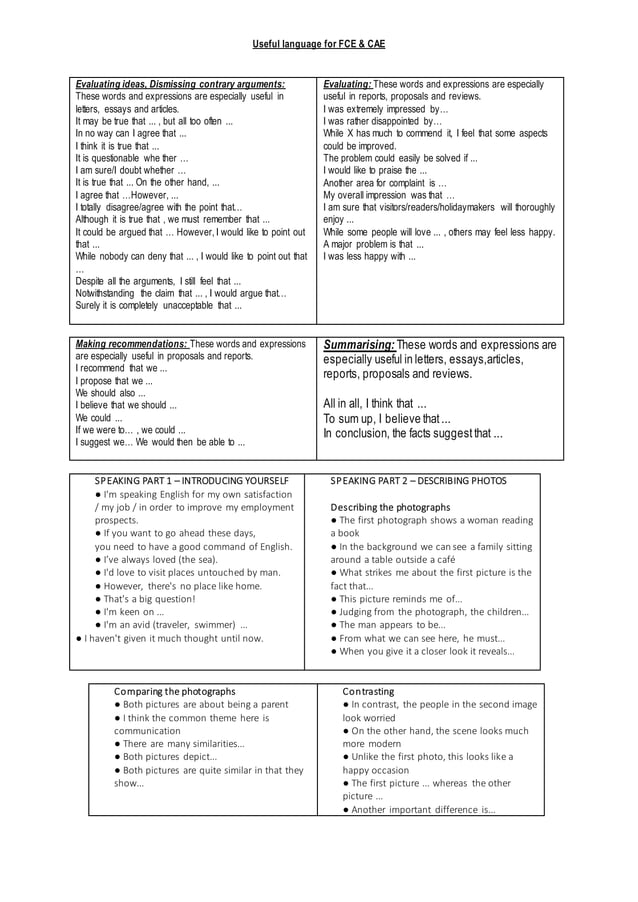 Fce and cae key words 4 speaking and writing | DOC | College Planning ...