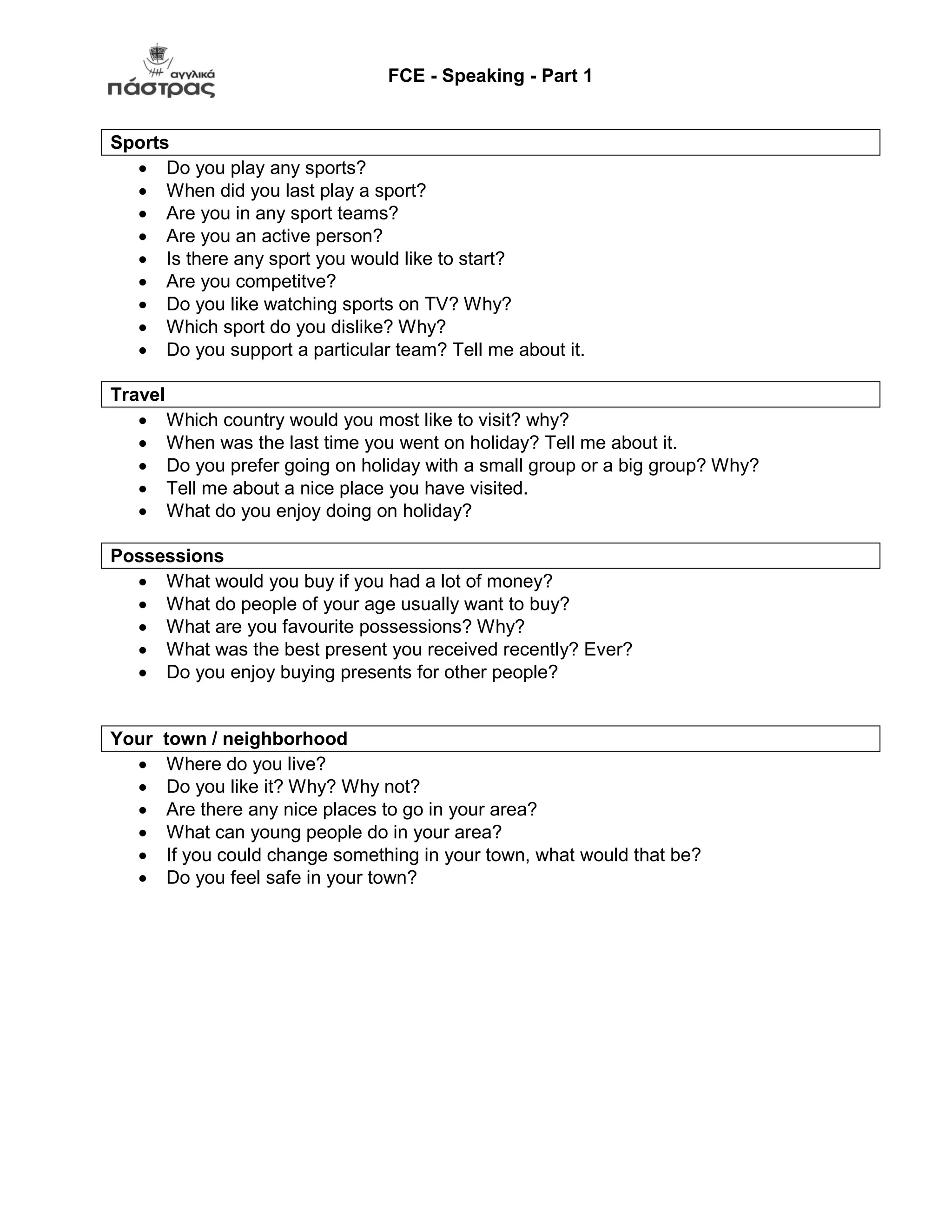 Fce speaking part-1 - 3 pages | PDF