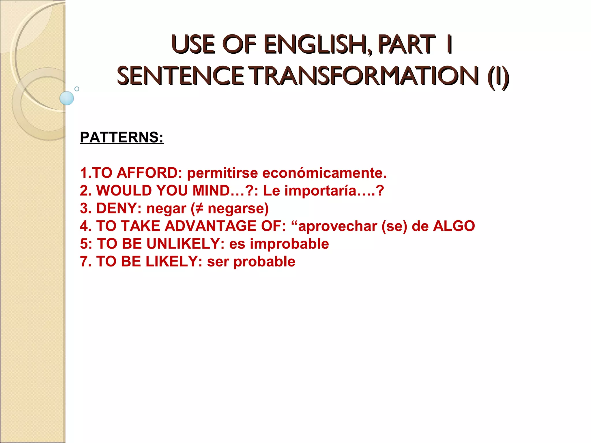 Fce, use of english verb patterns (i) | PPT