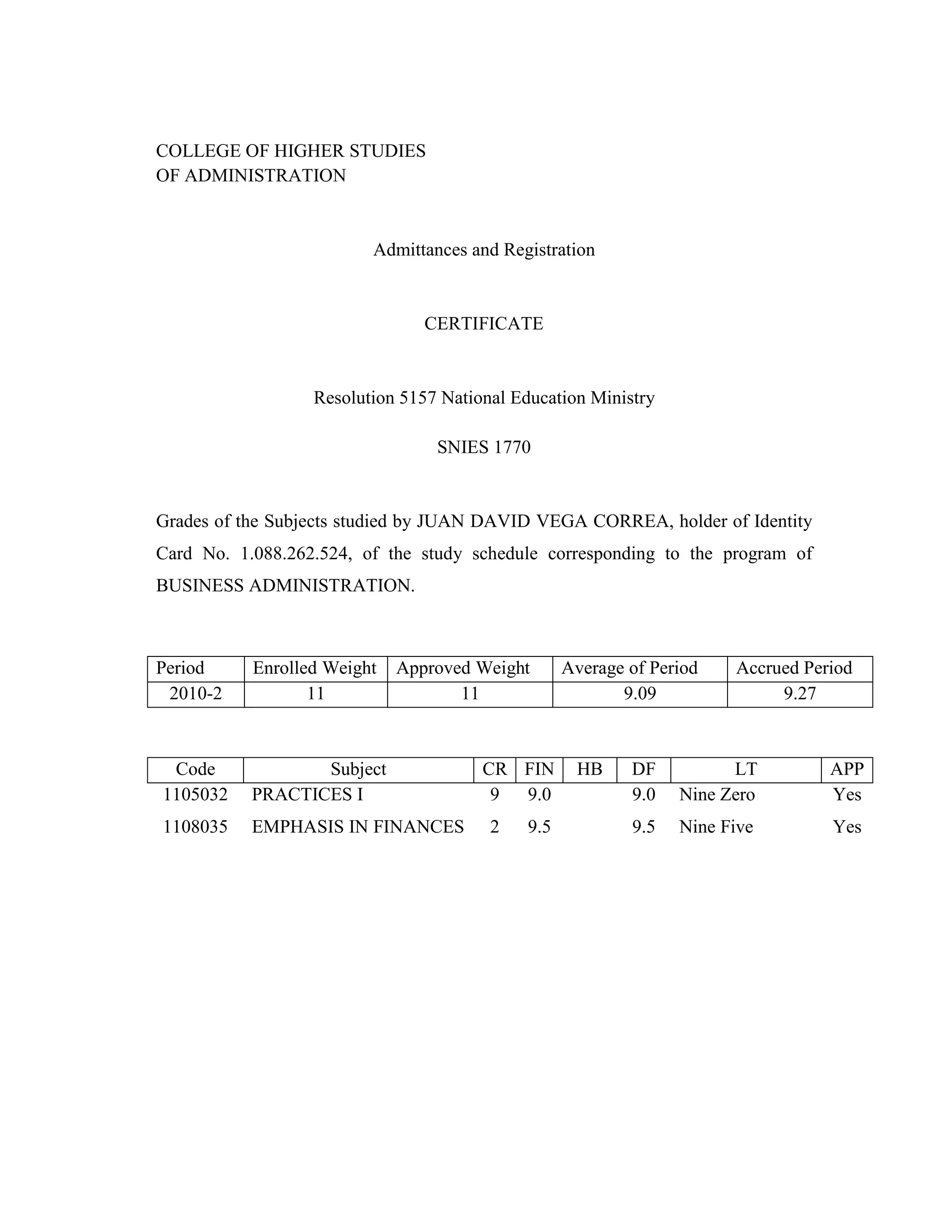 Bachelor in Business Administration - Academic Transcripts -JDV. | PDF