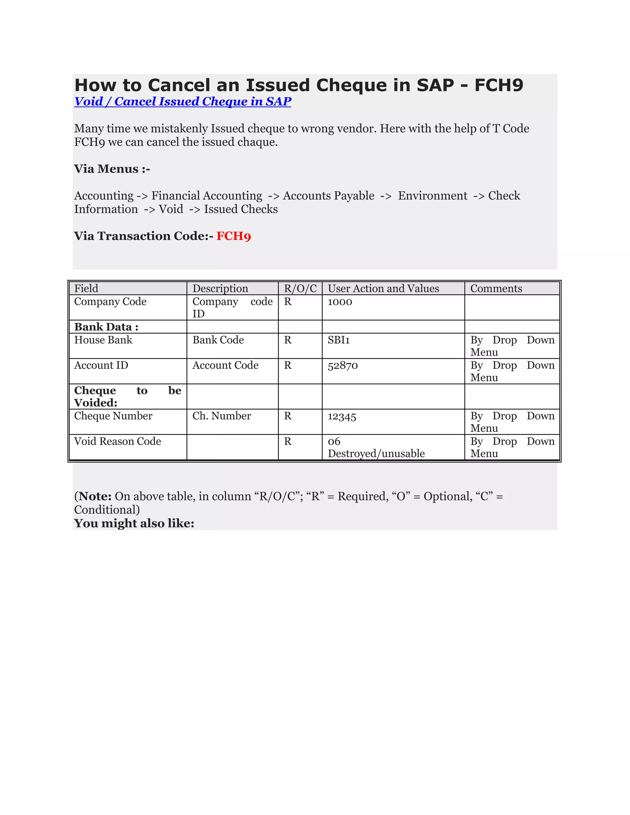 Fch9 how to cancel an issued cheque in sap | DOCX