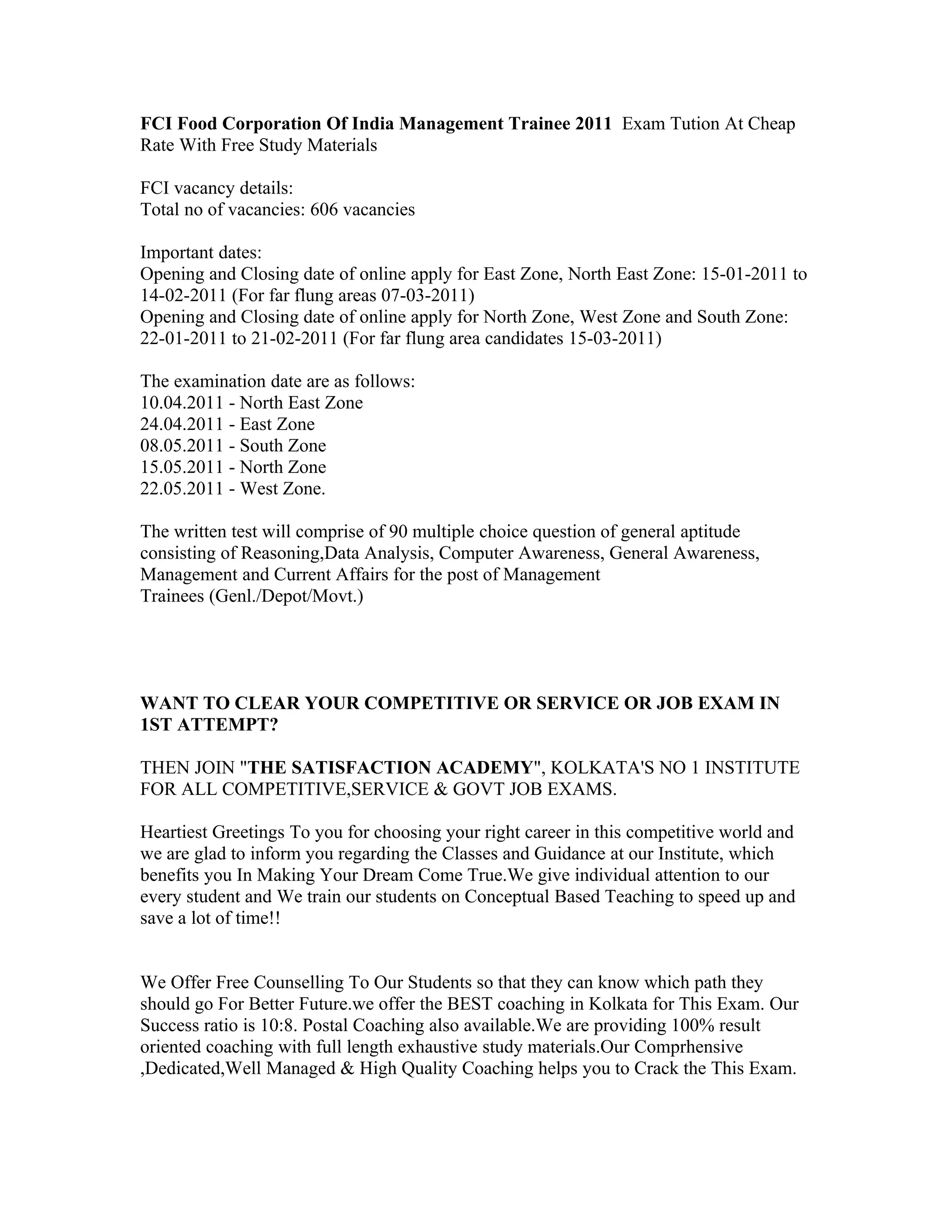 Fci food corporation of india management trainee 2011 exam tution at ...