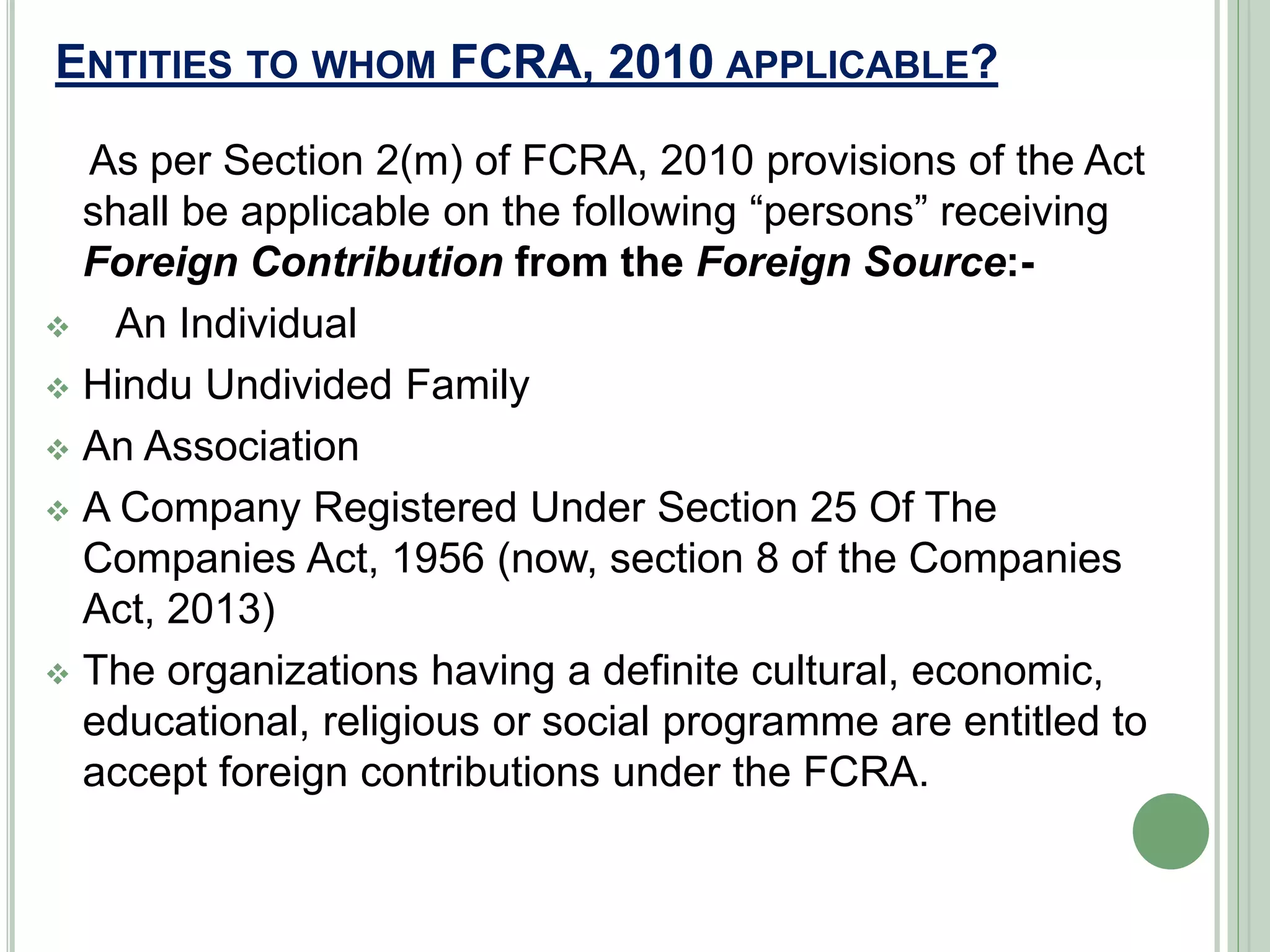 FCRA (Foreign Contribution (Regulation) Act ) 2010 | PPTX