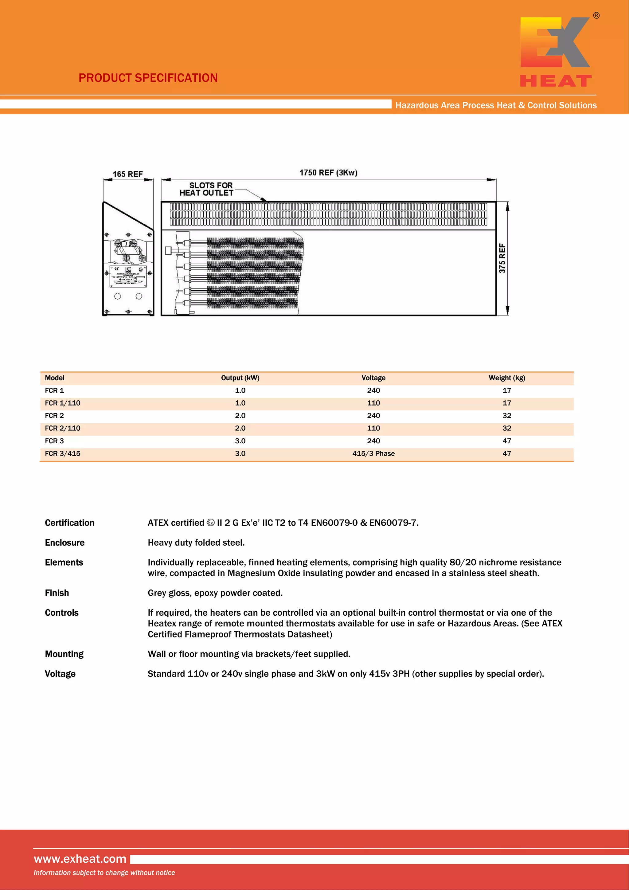 FCR Convector Heater Exheat Flameproof Fan Heaters - Hazardous Area Industrial Air Warmers ...