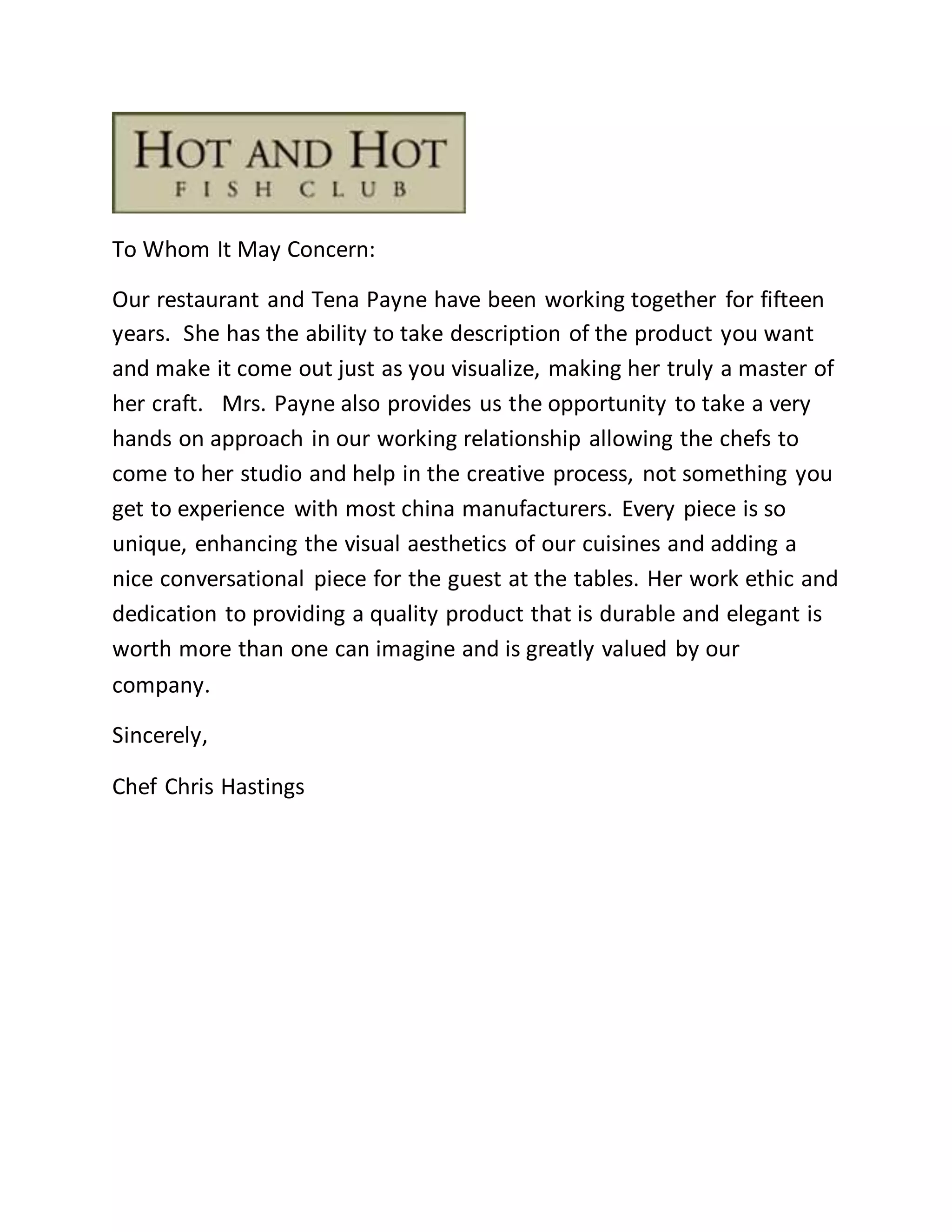 Hot & Hot Fish Club letter of recommendation | DOCX