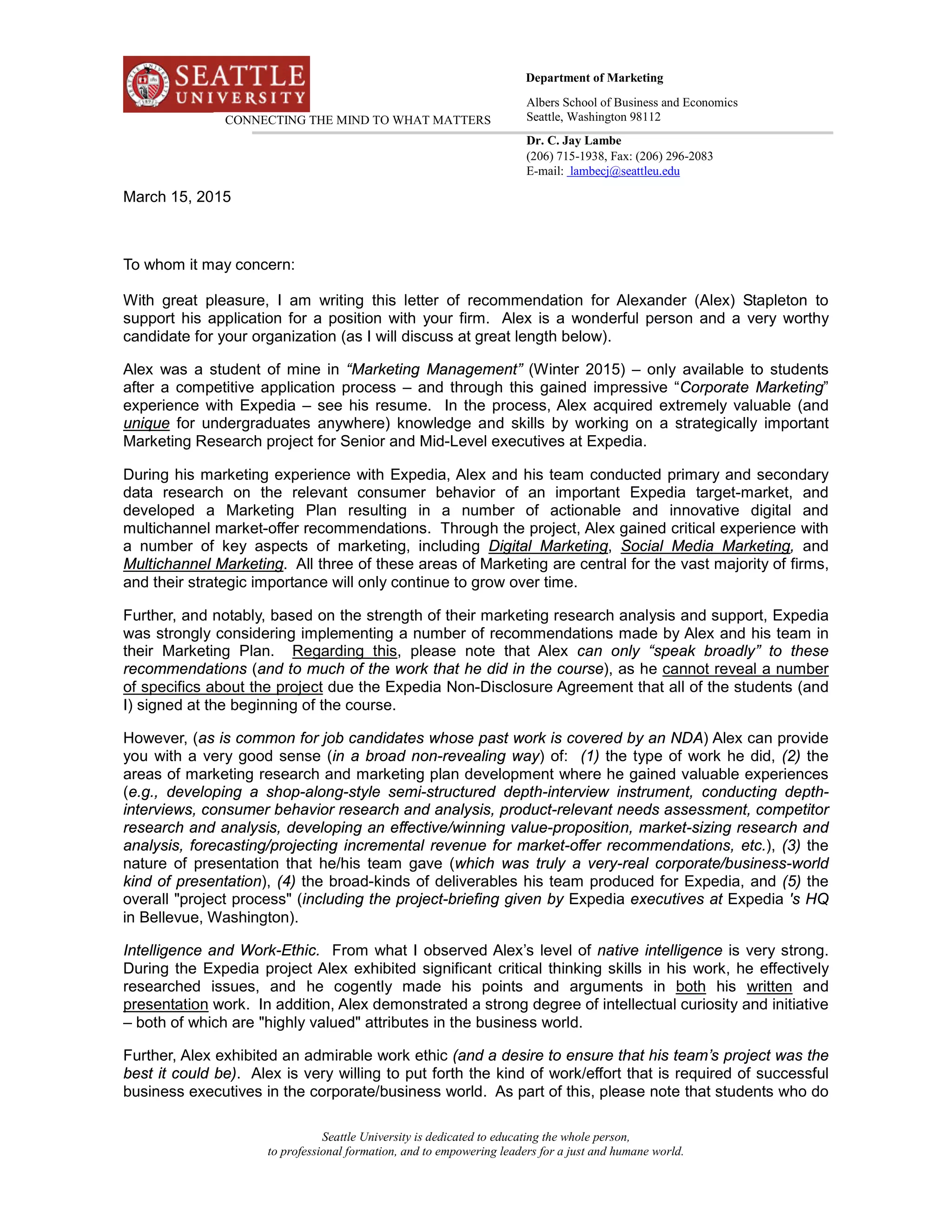 LetterOfRecommendation_from Dr. C. Jay Lambe for Alexander Stapleton | PDF