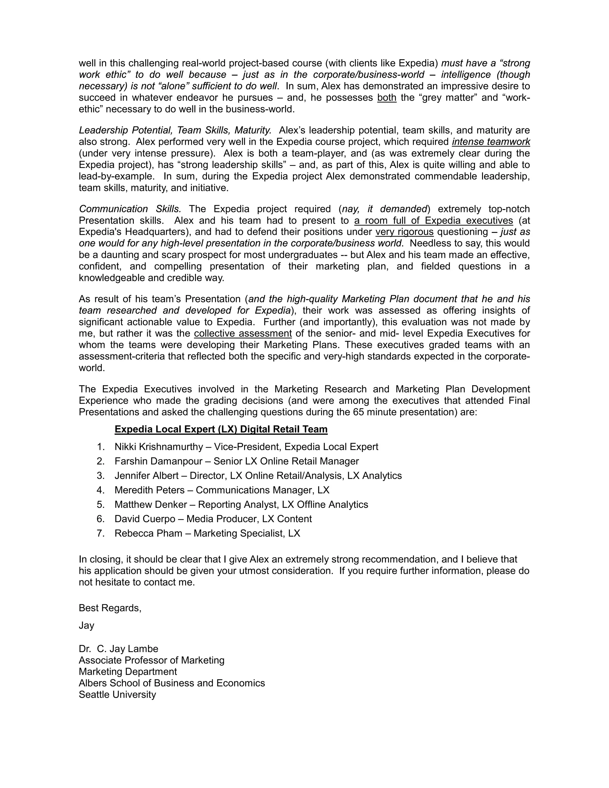 LetterOfRecommendation_from Dr. C. Jay Lambe for Alexander Stapleton | PDF