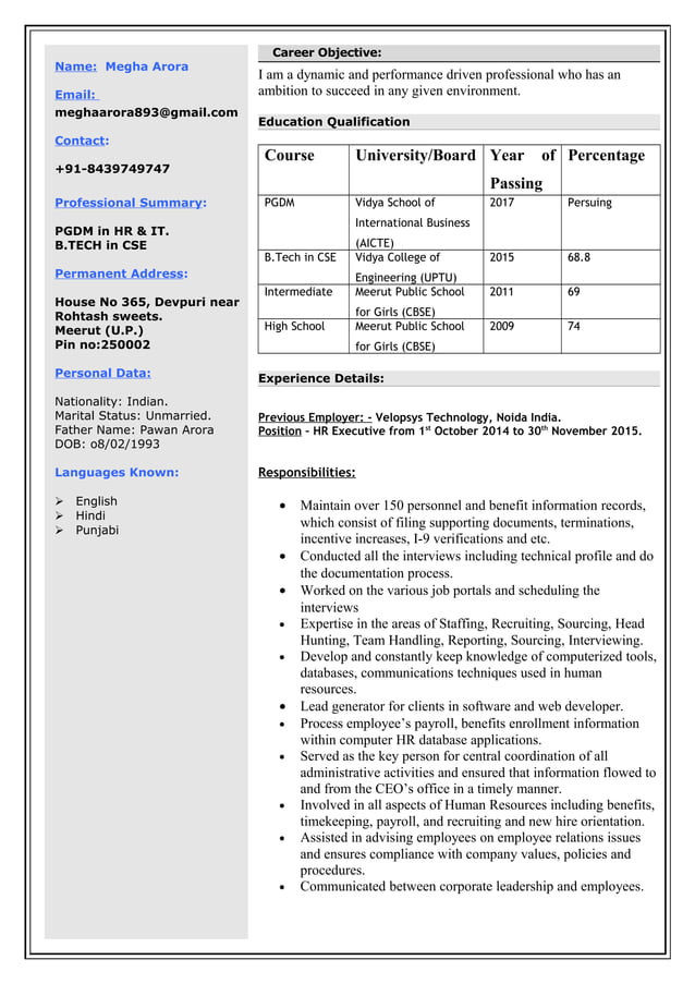 MEGHA RESUME | DOC | Human Resources | Business