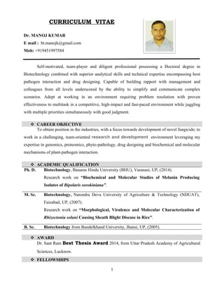 CV- Dr. MANOJ | DOC | Biotech and Biomedical Industry | Industries