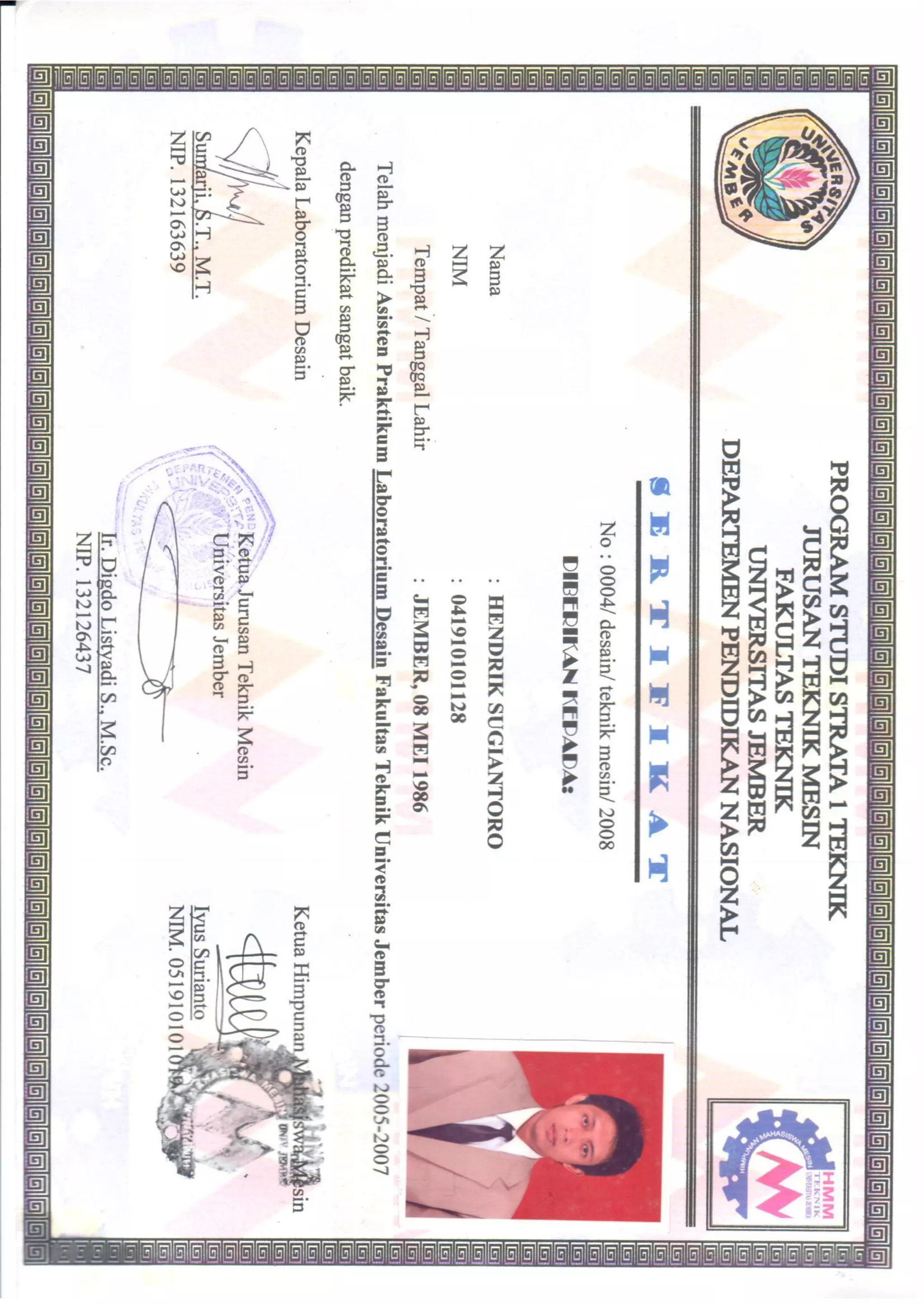 Sertifikat Ass Dosen Lab Desain Teknik Mesin Unej 2007 | PDF