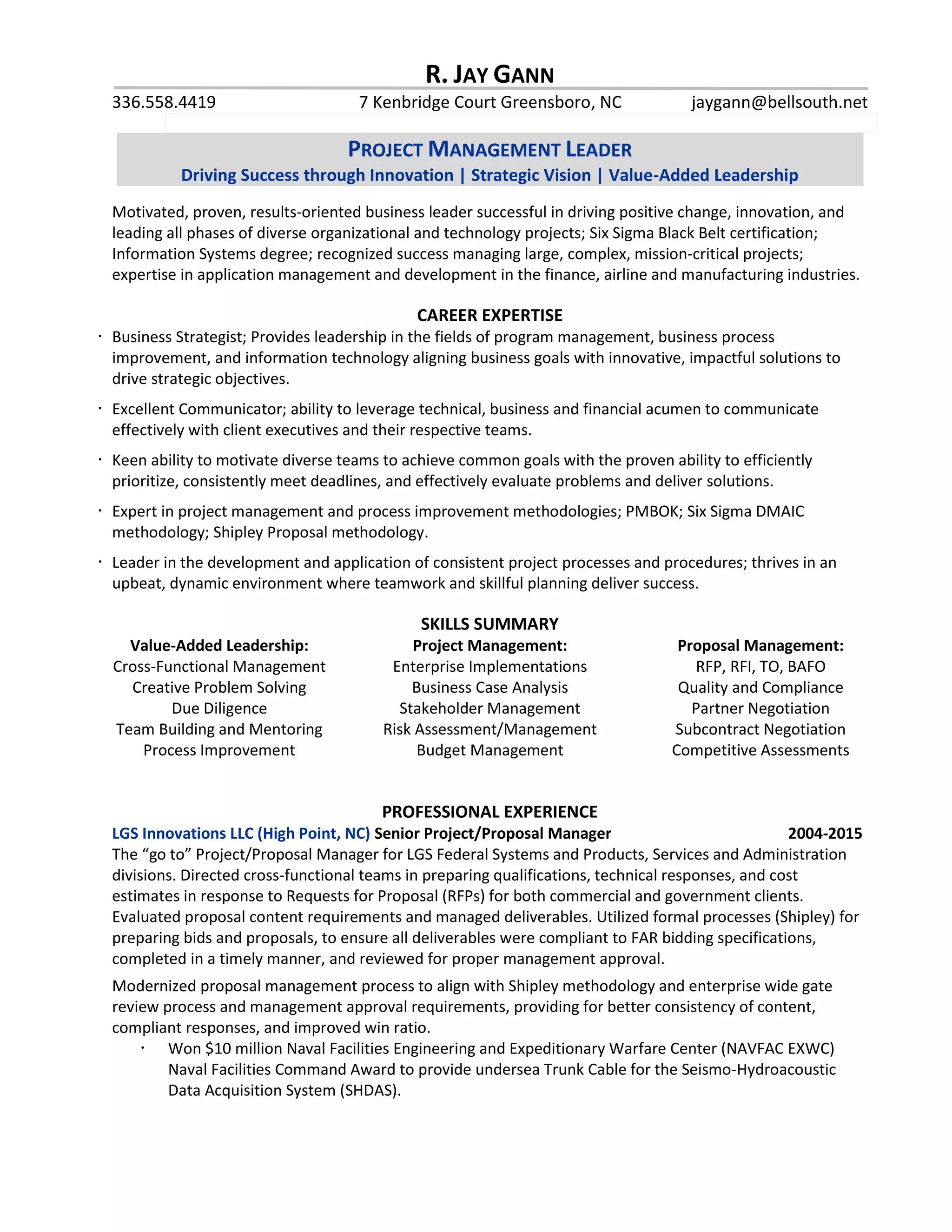 R. Jay Gann - Resume - Project Management Leader | PDF