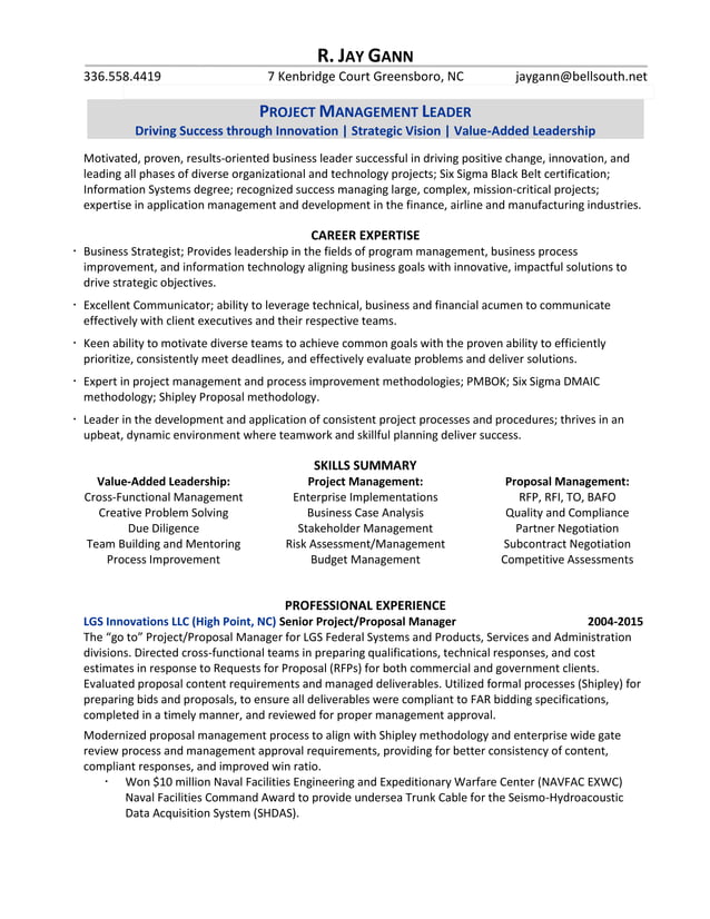 R. Jay Gann - Resume - Project Management Leader | PDF