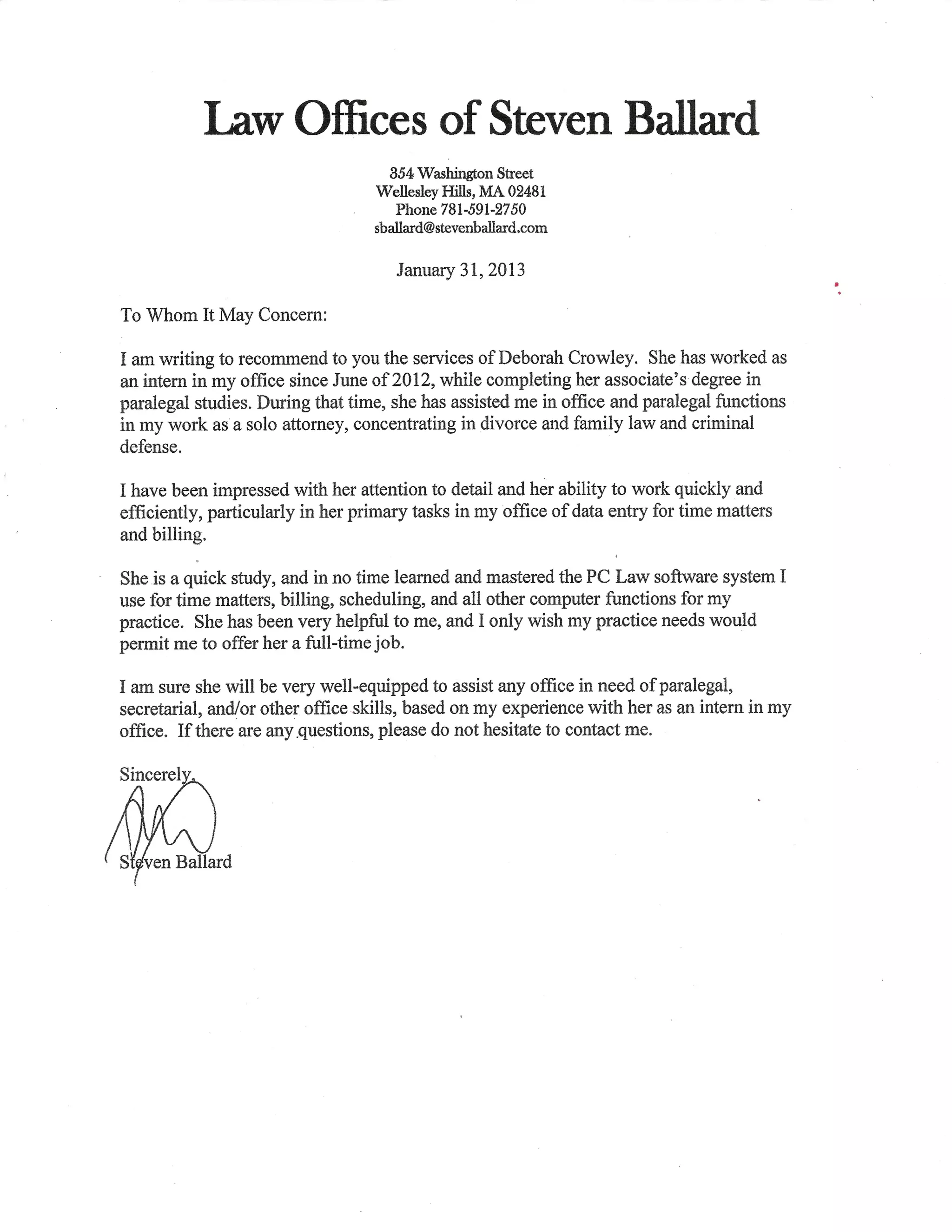 Attorney Steven Ballard Letter of Reference | PDF
