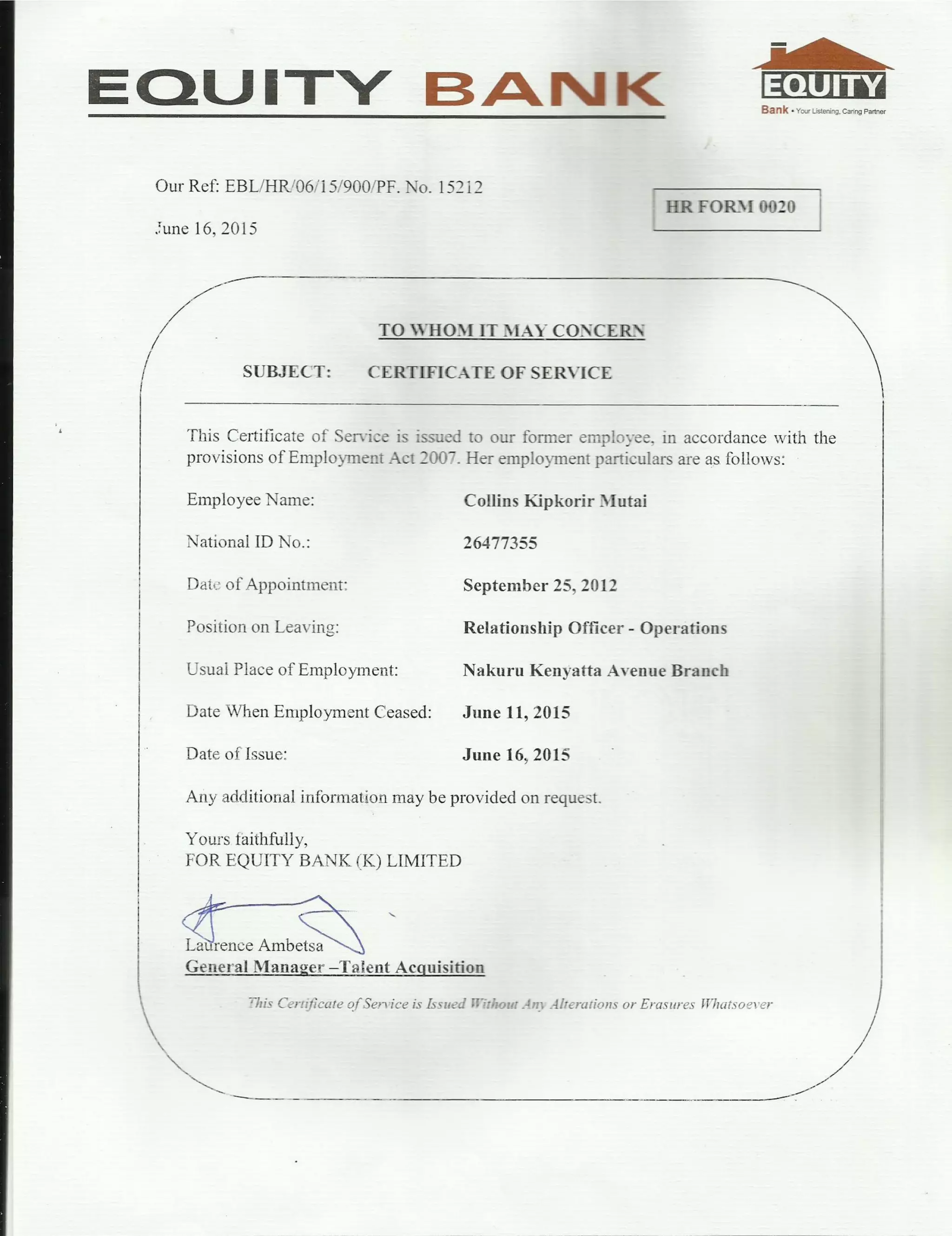 Equity Bank Certificate Of Service | PDF