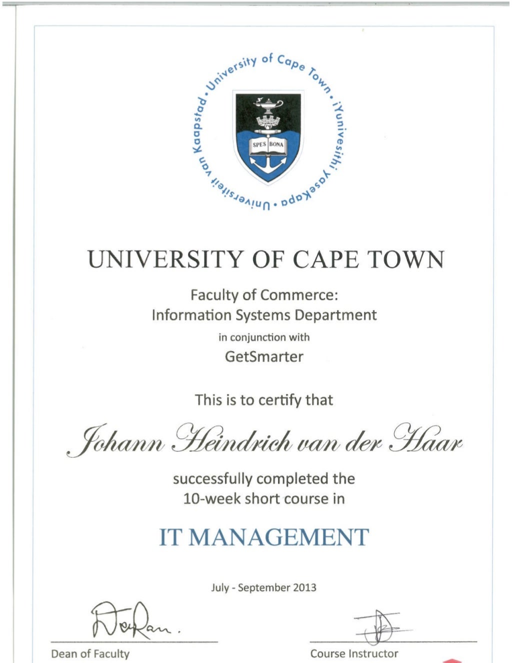 IT Management Certificate ~ UCT IT Management Certificate ~ UCT