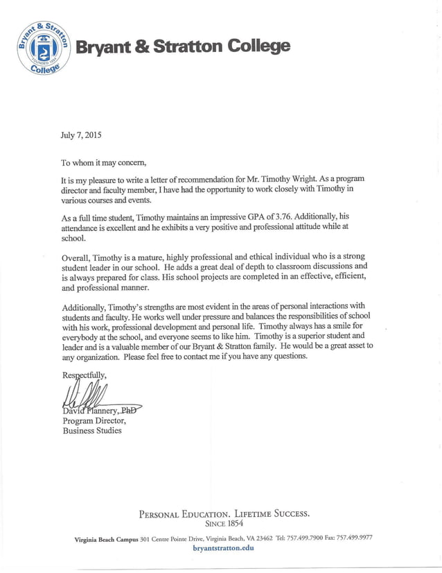 Bryant and Stratton teacher recommendation letters | PDF