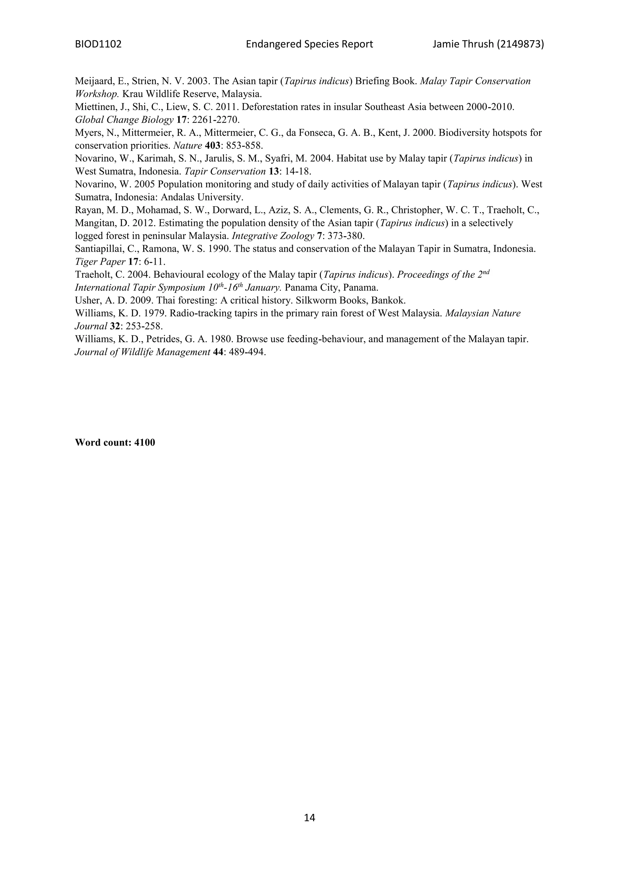 Malayan Tapir Endangered Species Report Jamie Thrush V2 | PDF