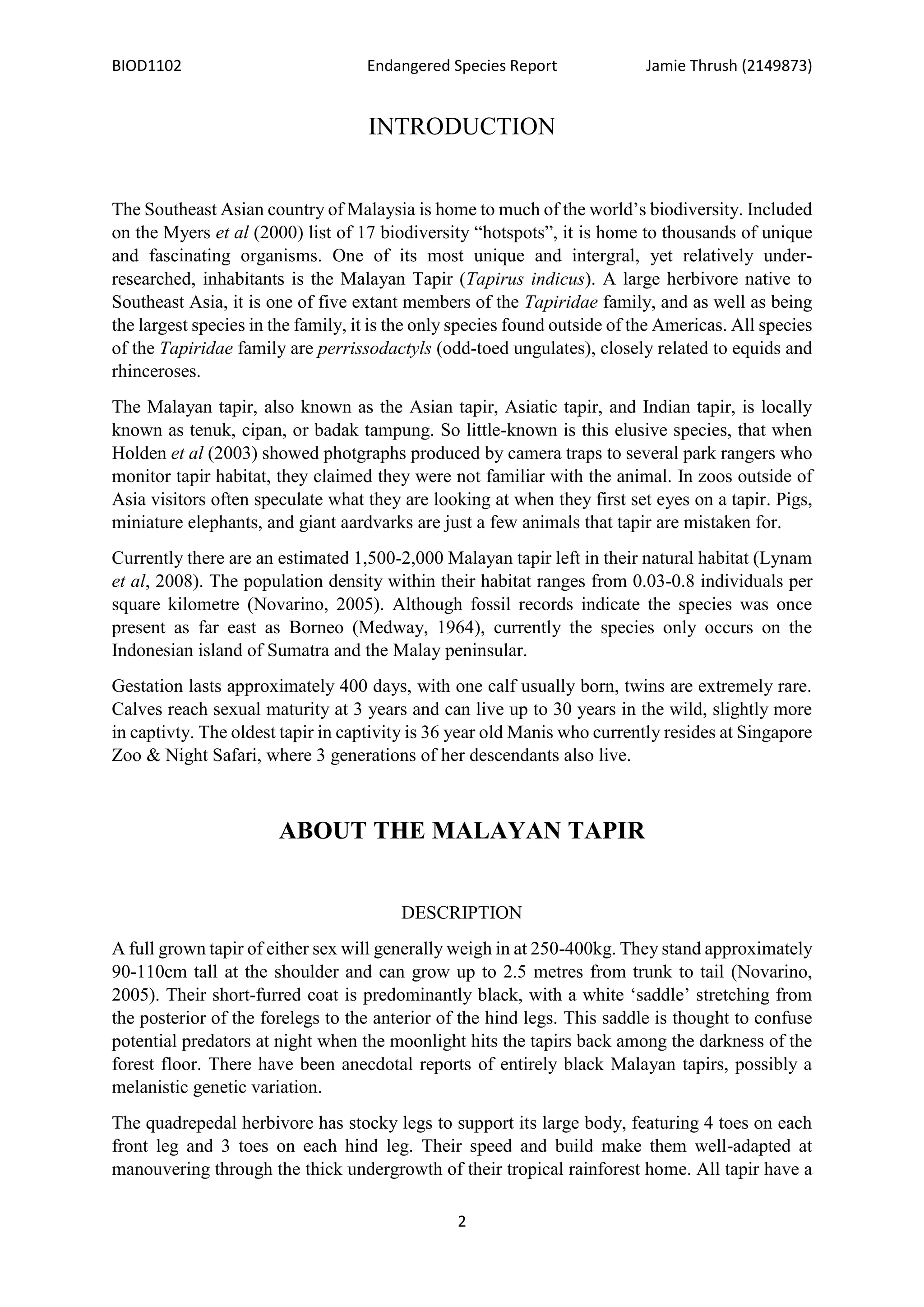 Malayan Tapir Endangered Species Report Jamie Thrush V2 | PDF
