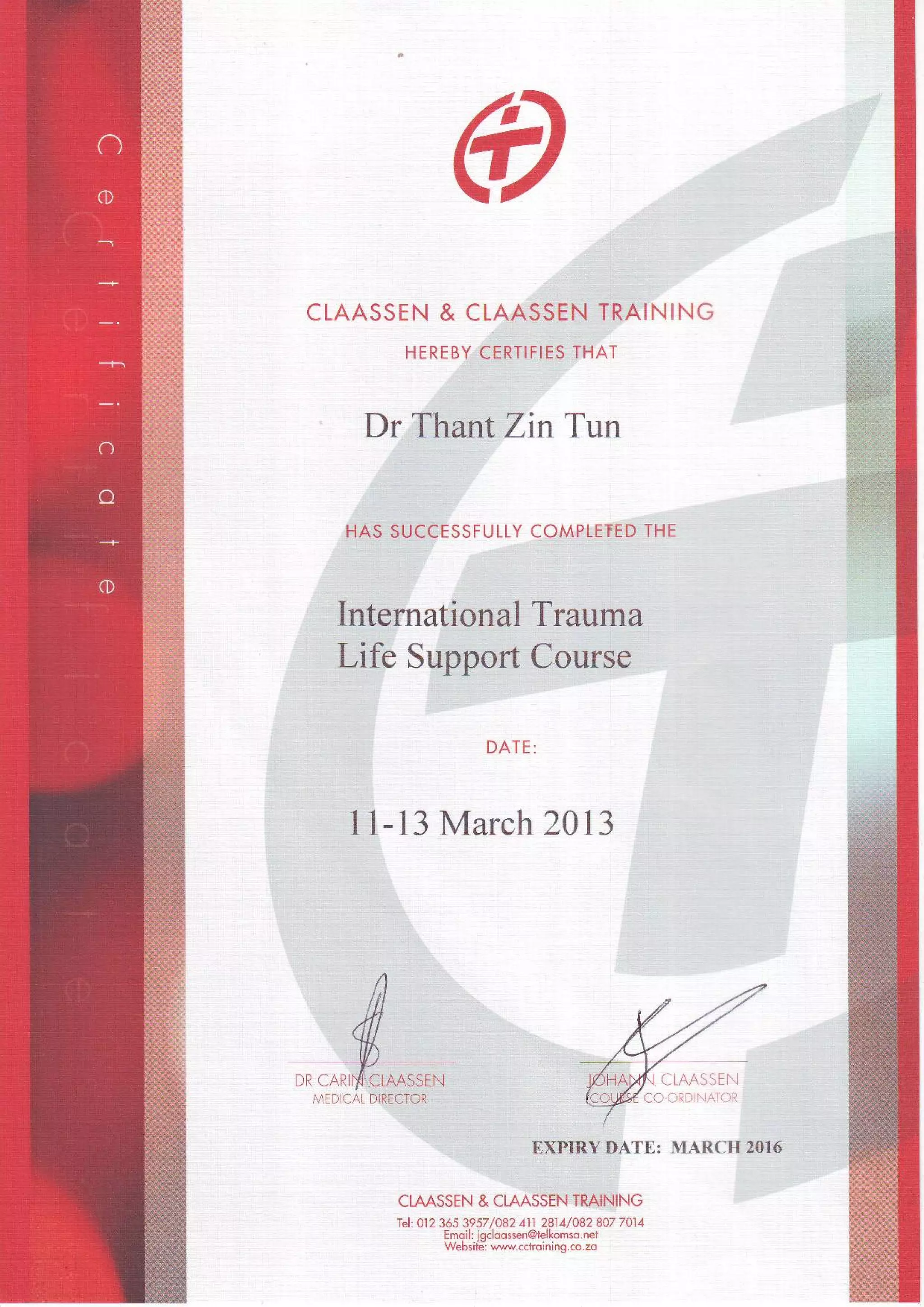 ITLS Certificate - Dr.Thant 2013 | PDF