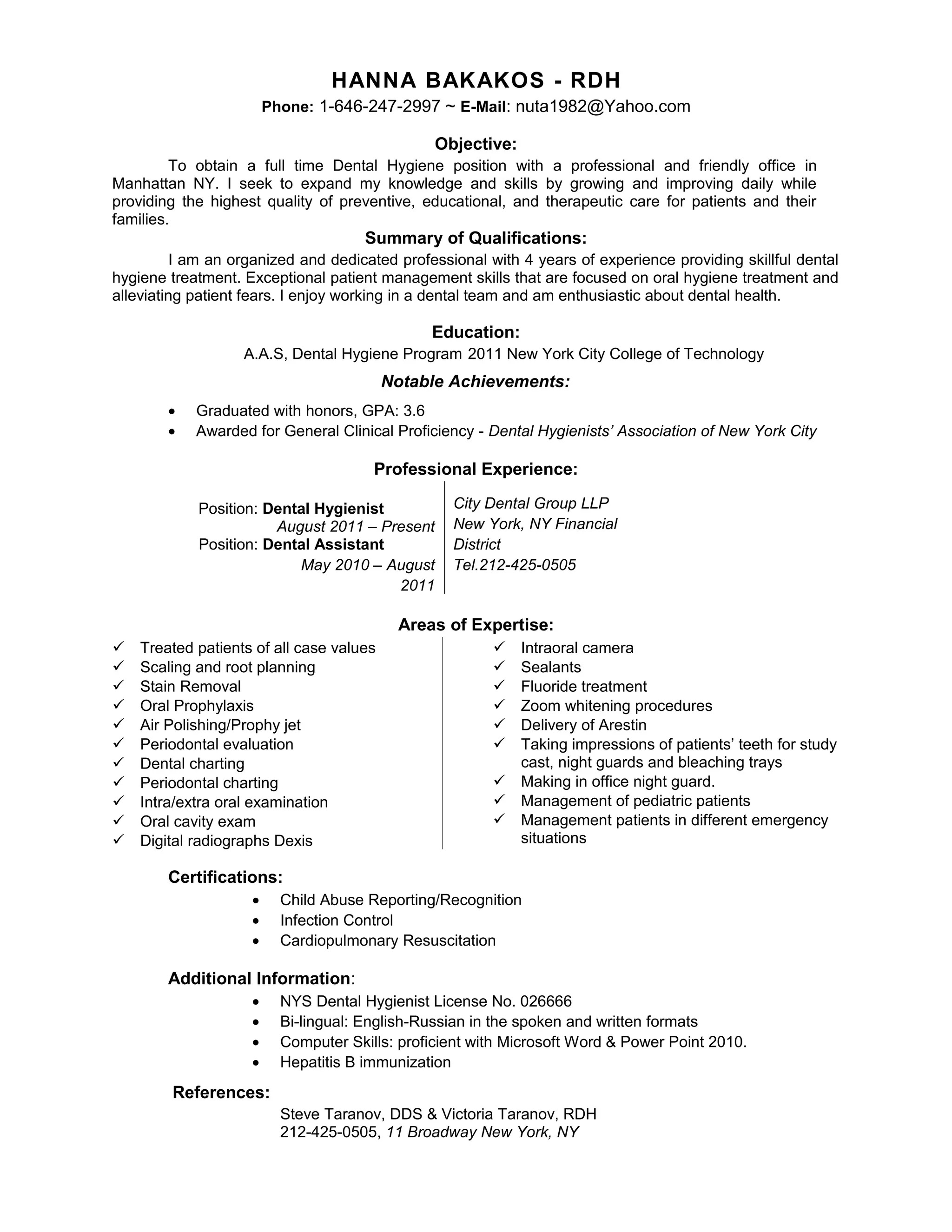 RDH Bakakos, Hanna Resume 2015 | DOC