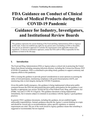 FDA Guidance on Conduct of Clinical Trials of Medical Products during ...