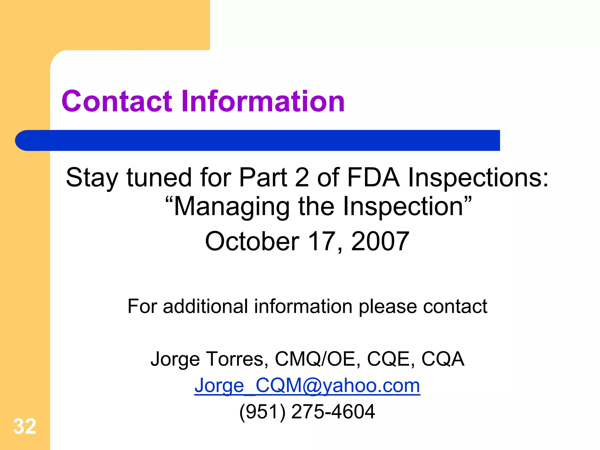 FDA PreApproval Inspection - Part 1 | PDF