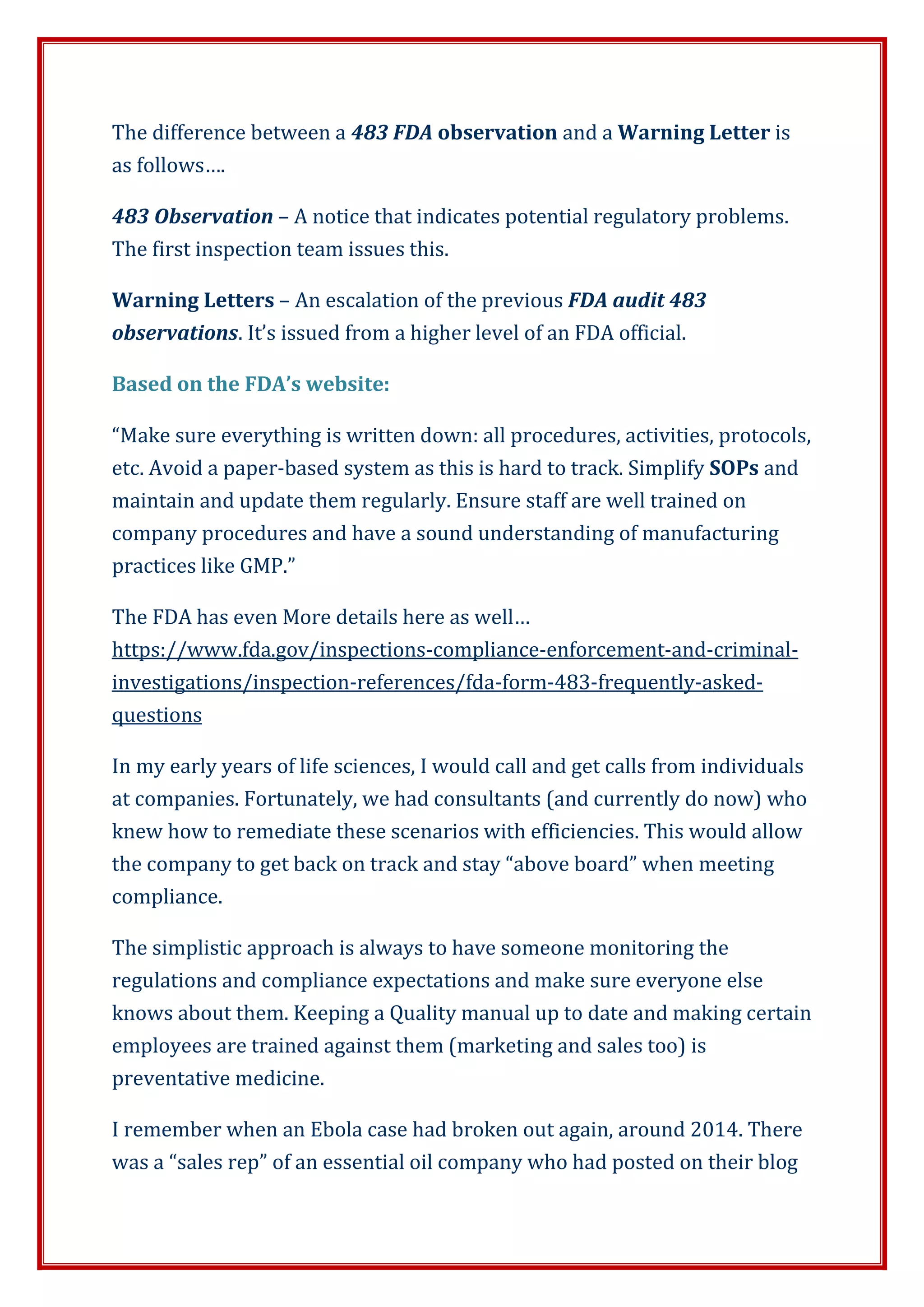 FDA 483 Observations vs. Warning Letter | FDA Warning Letters 2021 | PDF