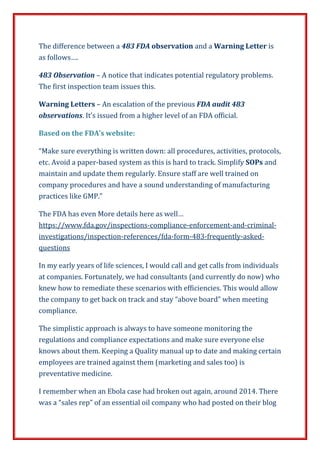 FDA 483 Observations vs. Warning Letter | FDA Warning Letters 2021 | PDF