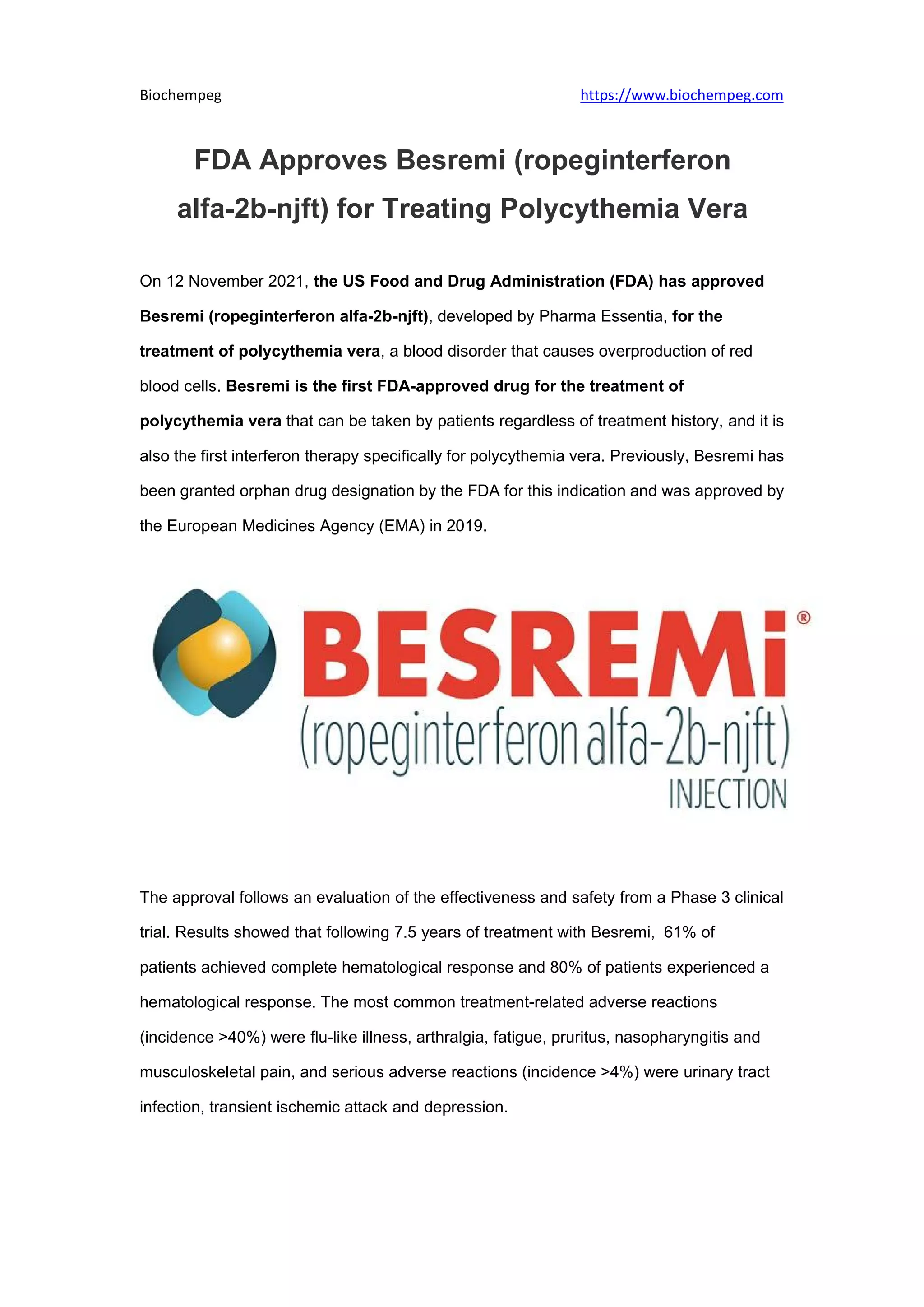Fda approves besremi (ropeginterferon alfa 2b-njft) for treating ...