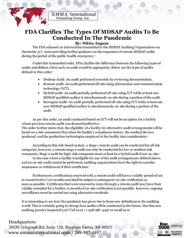 FDA Clarifies The Types Of MDSAP Audits To Be Conducted In The Pandemic ...