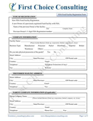 FDA Food Registration Form_First Choice Consulting Services | PDF