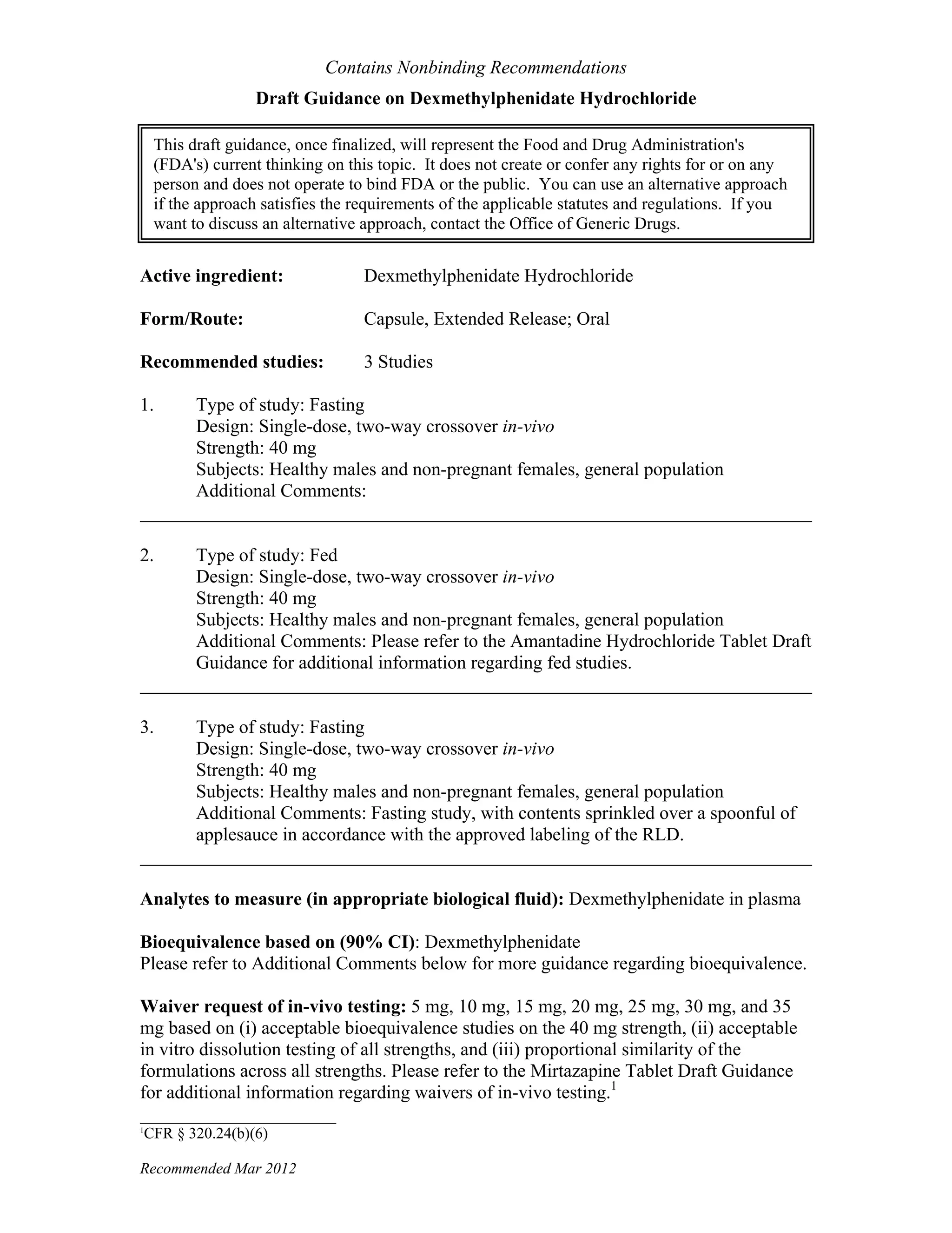 FDA Guidelines for Dexmethylphenidate | PDF