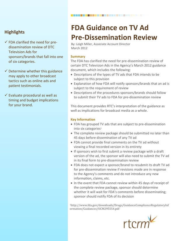 RTC POVs: FDA Guidance on TV Ad Pre-Dissemination Review | PDF