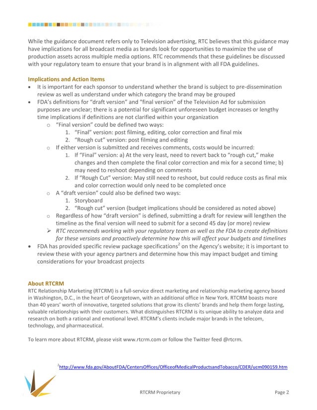 RTC POVs: FDA Guidance on TV Ad Pre-Dissemination Review | PDF