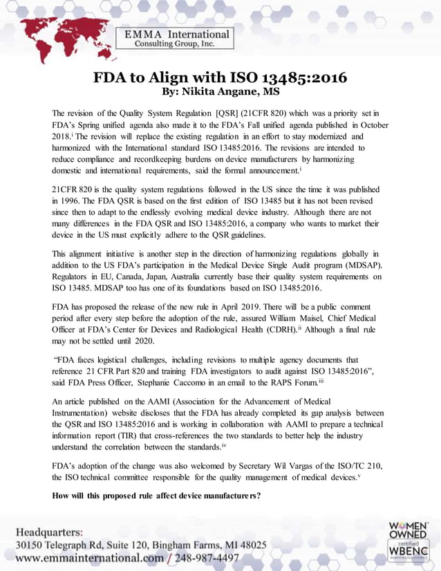 FDA to Align with ISO 13485:2016 | PDF
