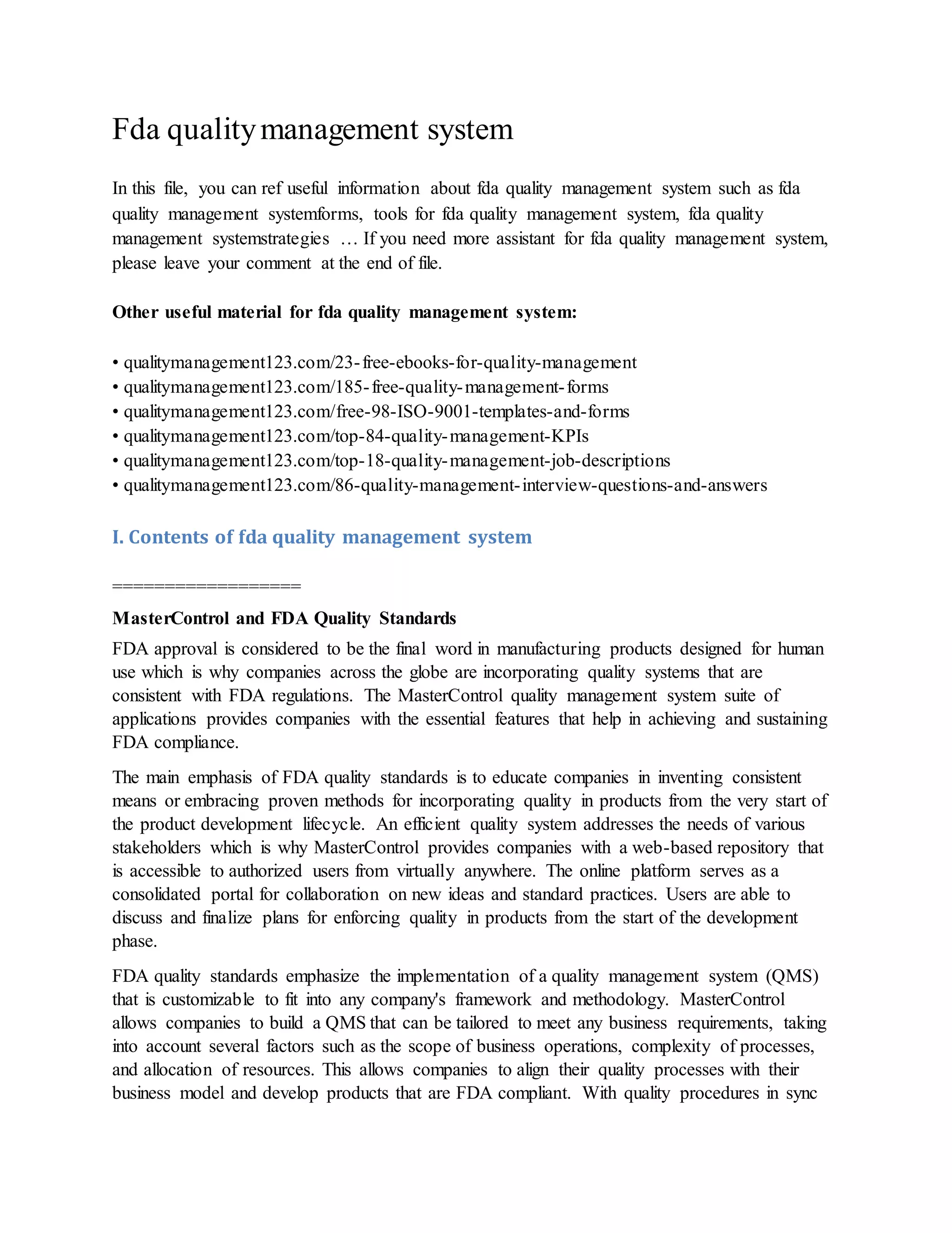 Fda quality management system | PDF