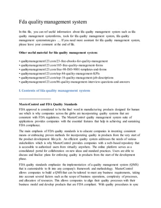 Fda quality management system | PDF
