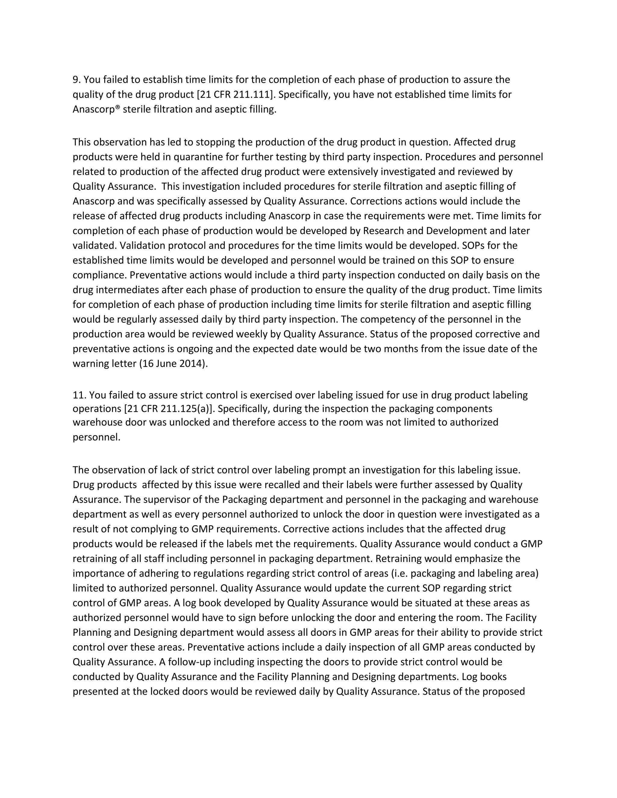 Mock Response to a FDA Warning Letter | PDF | Recalls | Consumer Issues