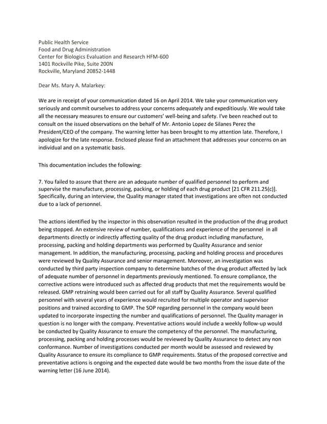 Mock Response to a FDA Warning Letter | PDF | Recalls | Consumer Issues