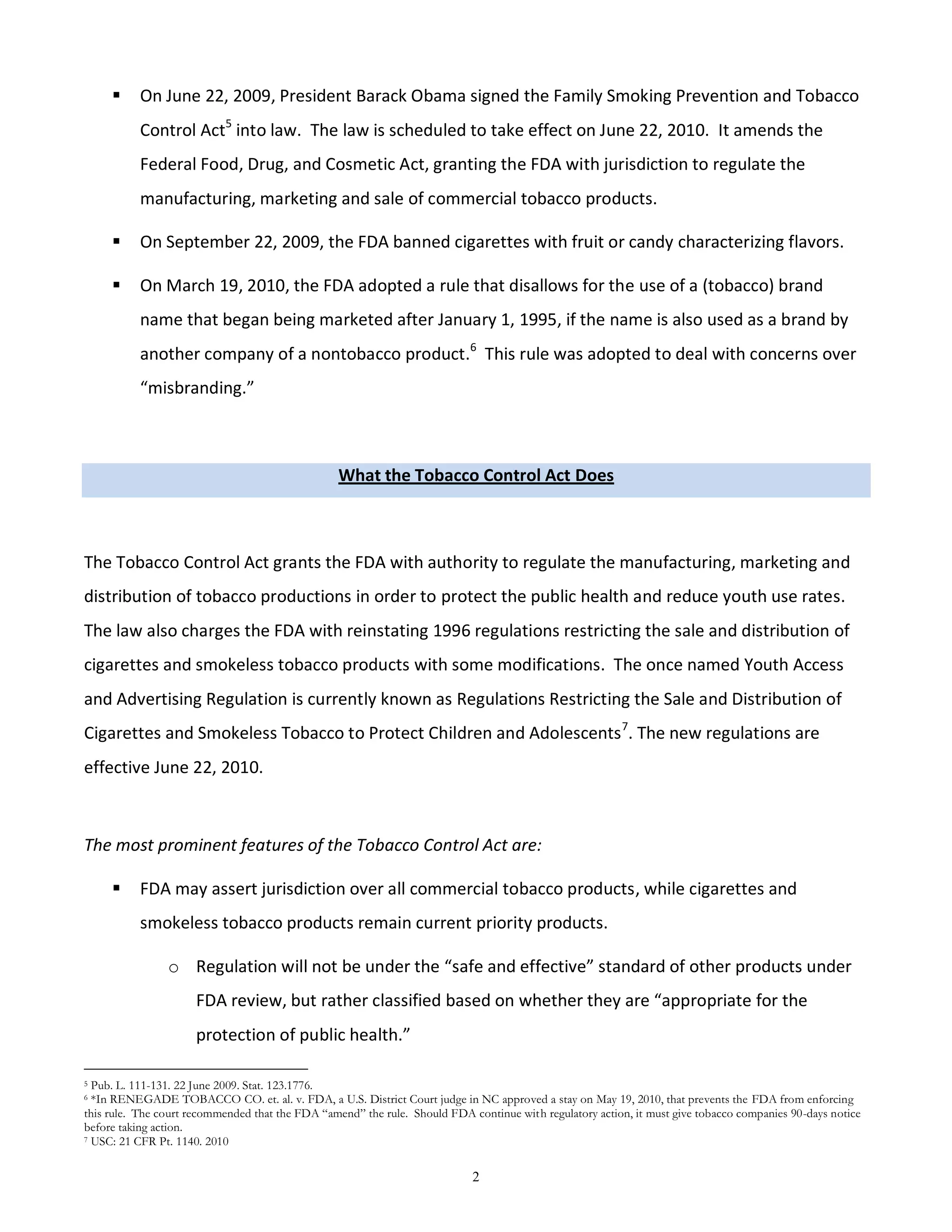 FDA Tobacco Control Act 2009 Summary Document, June 2010 | PDF