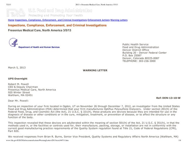 Fda warning letter 3 5-2013 to dialysis drug maker and dialysis ...