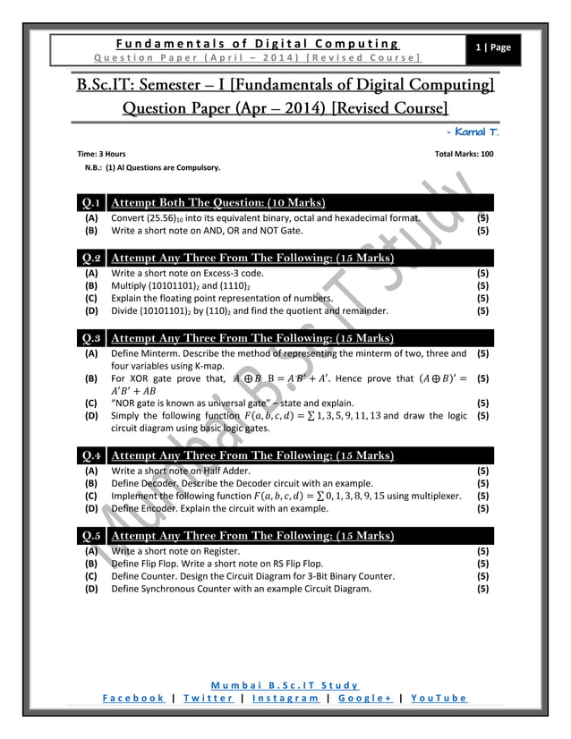 [Question Paper] Fundamentals of Digital Computing (Revised Course) [April / 2014] | PDF ...