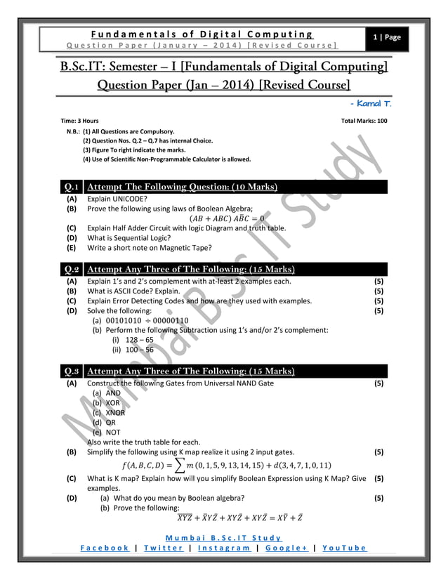 [Question Paper] Fundamentals of Digital Computing (Revised Course ...
