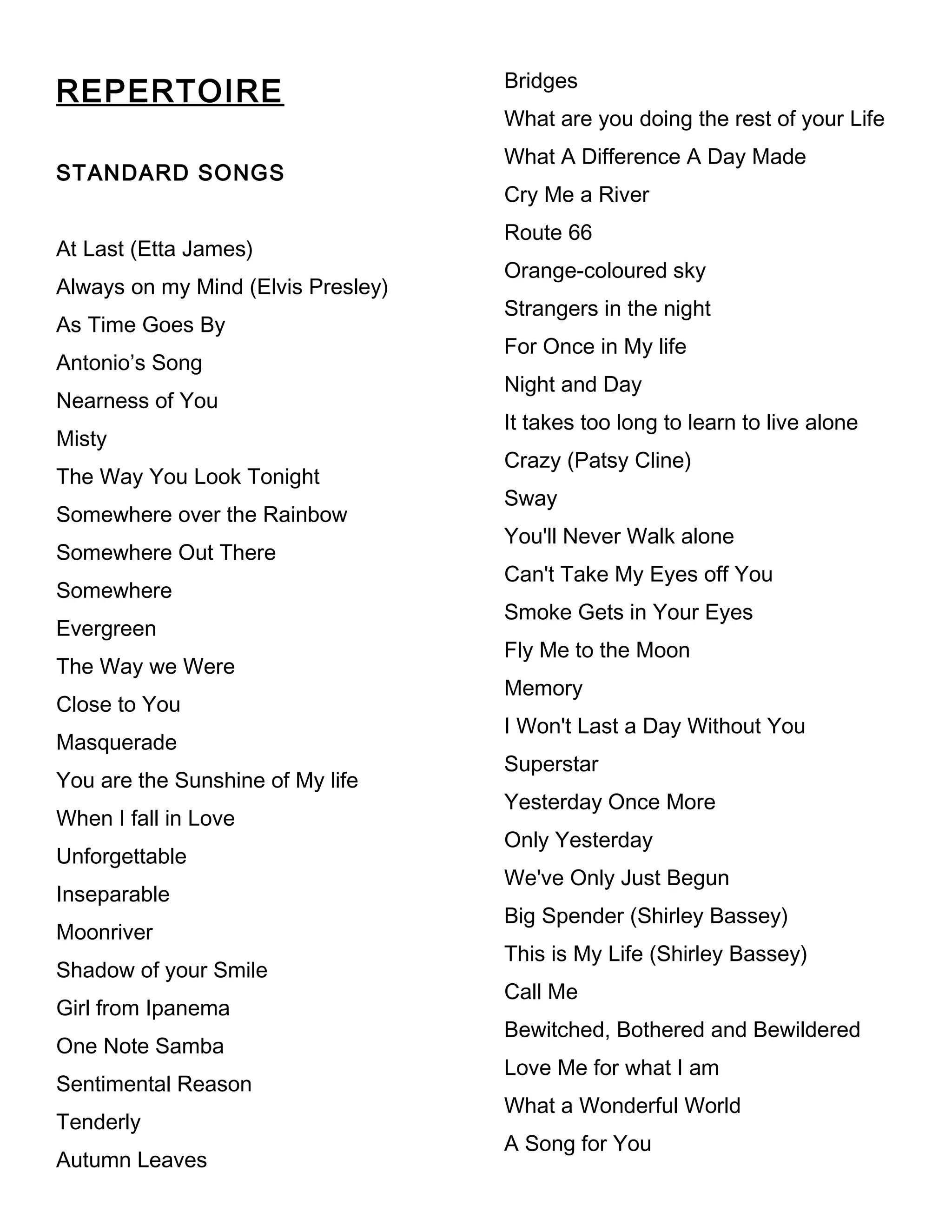 List of Songs - The Jive Duo | DOC