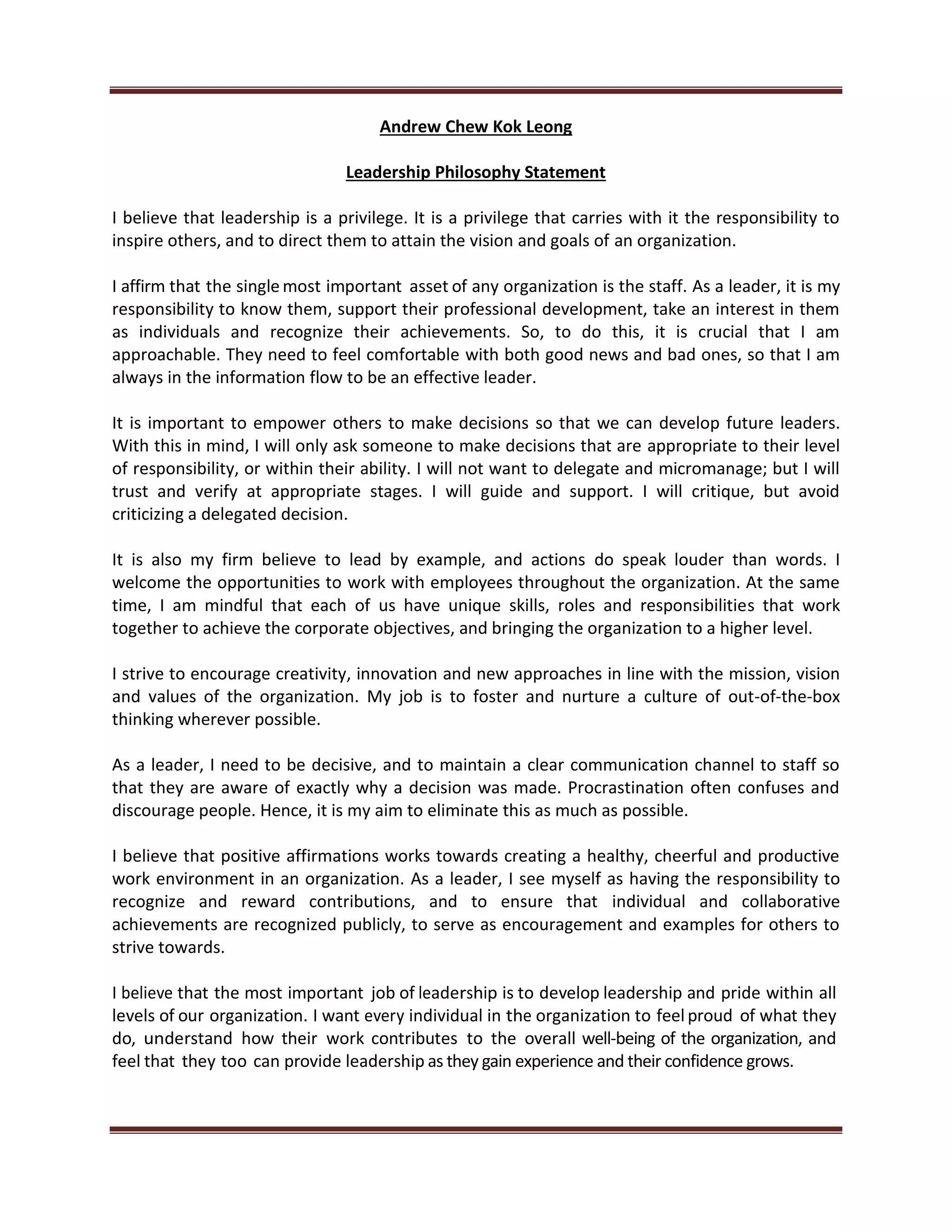 Leadership Philosophy Statement | PDF