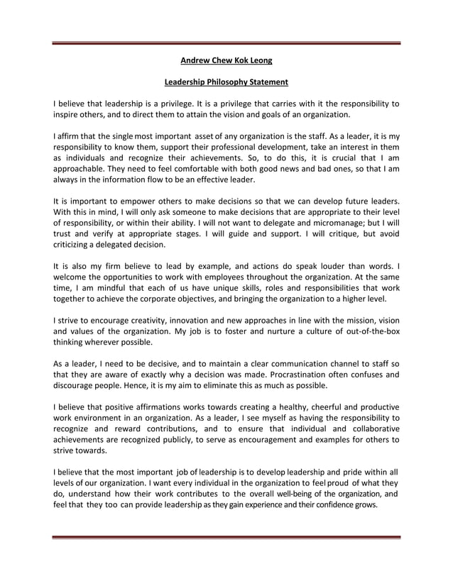 Leadership Philosophy Statement | PDF | Executive Leadership ...
