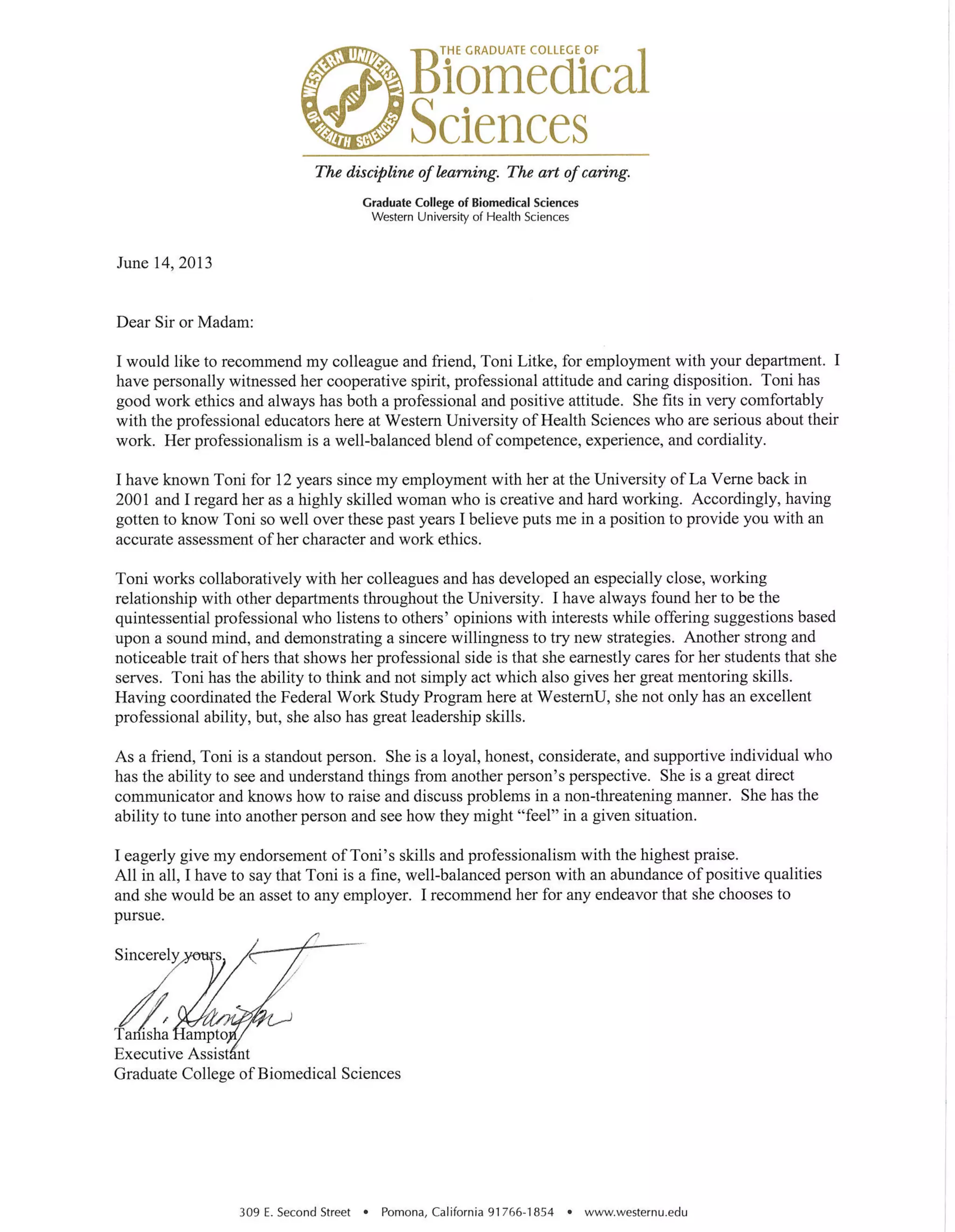 Tanisha Hampton Reference Letter | PDF